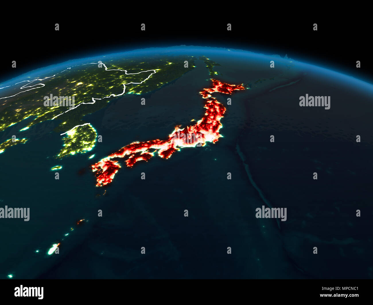Space orbit view of Japan highlighted in red on planet Earth at night ...
