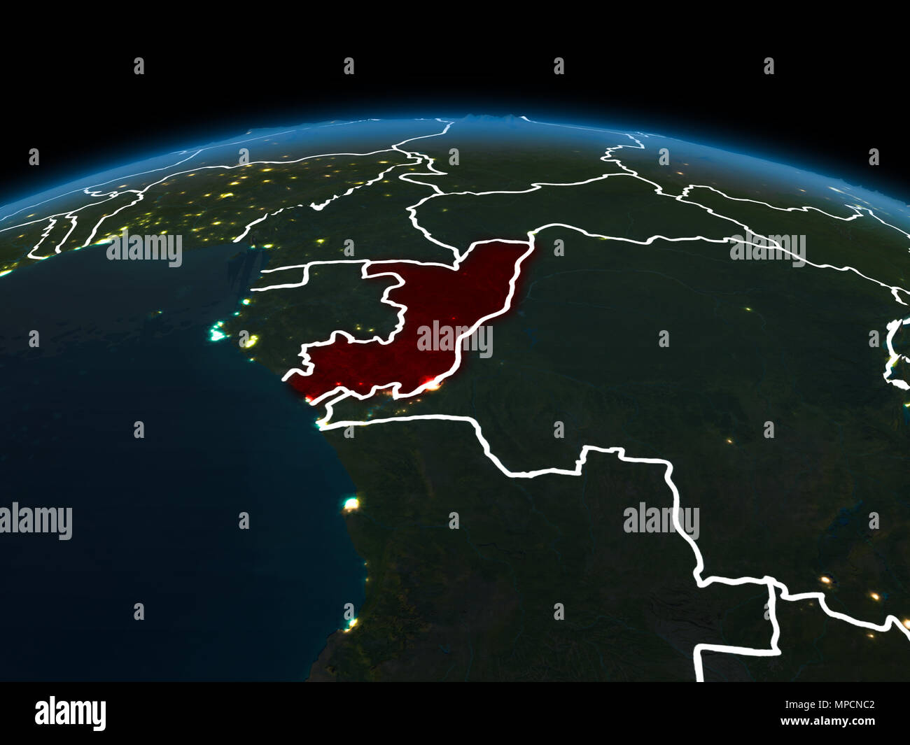 Space orbit view of Congo highlighted in red on planet Earth at night with visible country ...