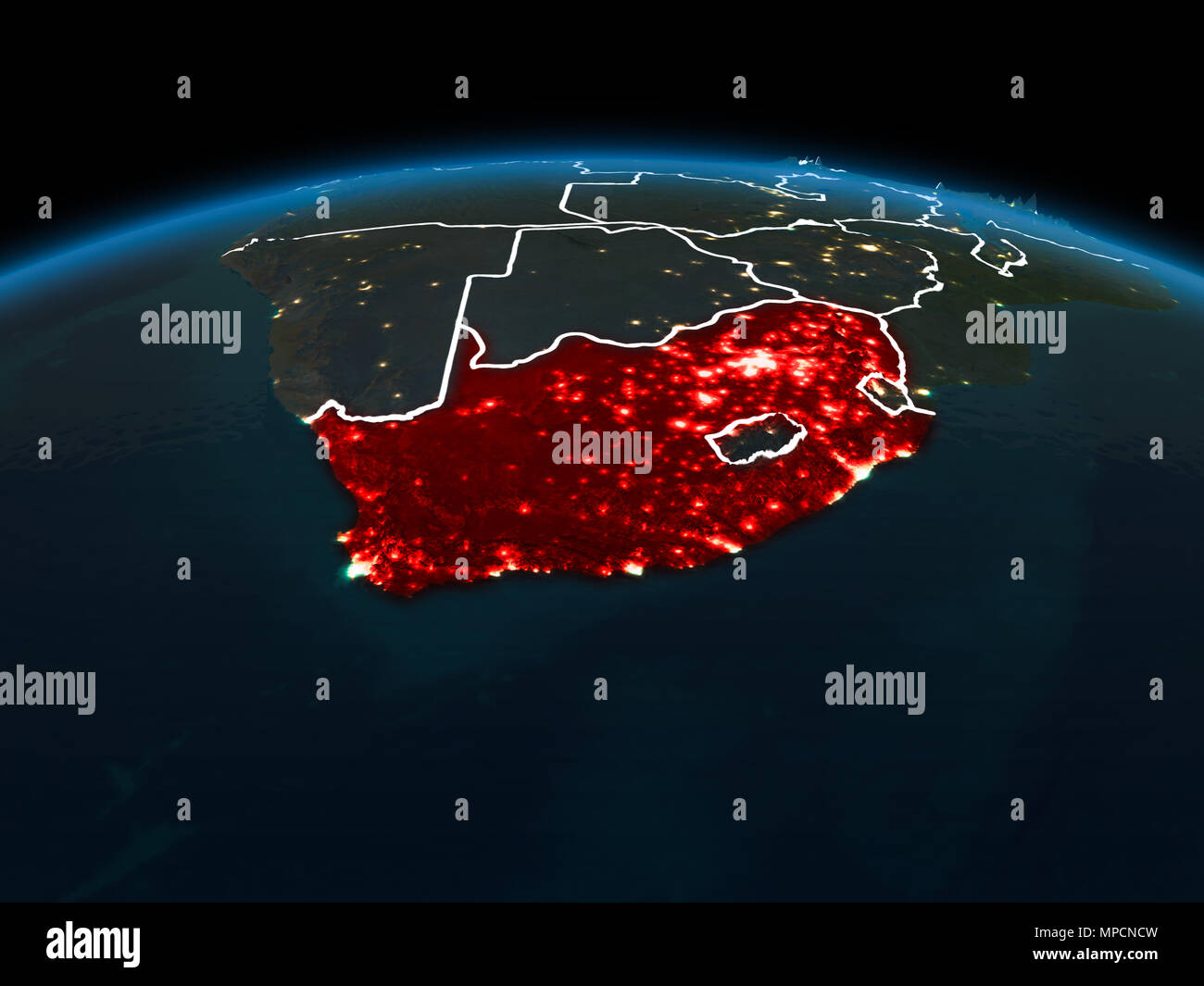 Space orbit view of South Africa highlighted in red on planet Earth at night with visible ...