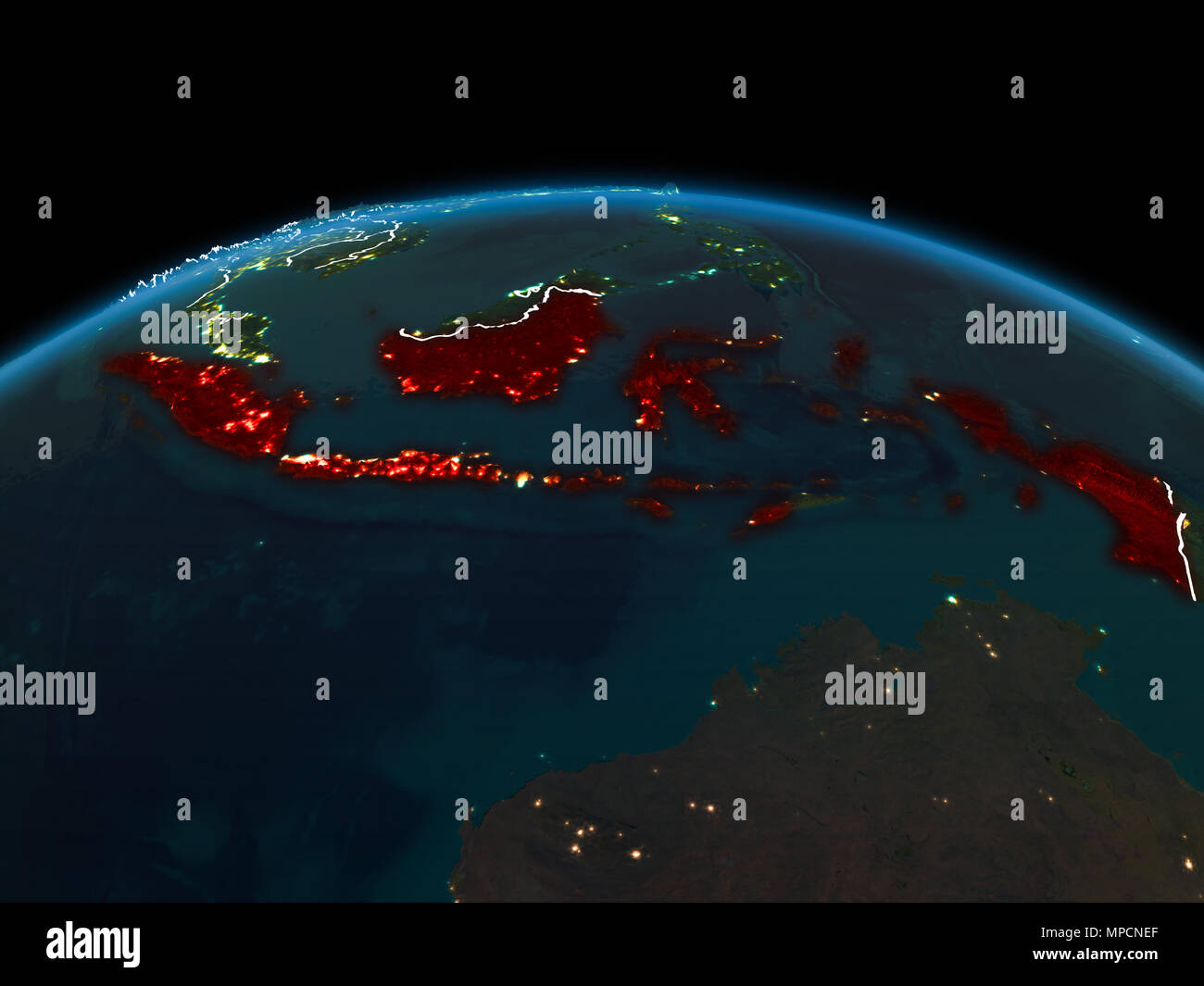 Space orbit view of Indonesia highlighted in red on planet Earth at night with visible country ...