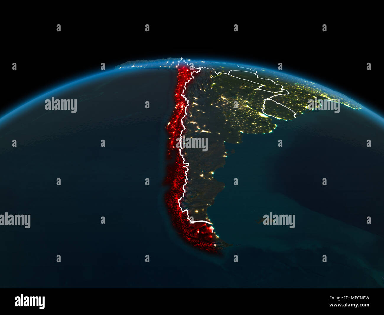 Space orbit view of Chile highlighted in red on planet Earth at night ...