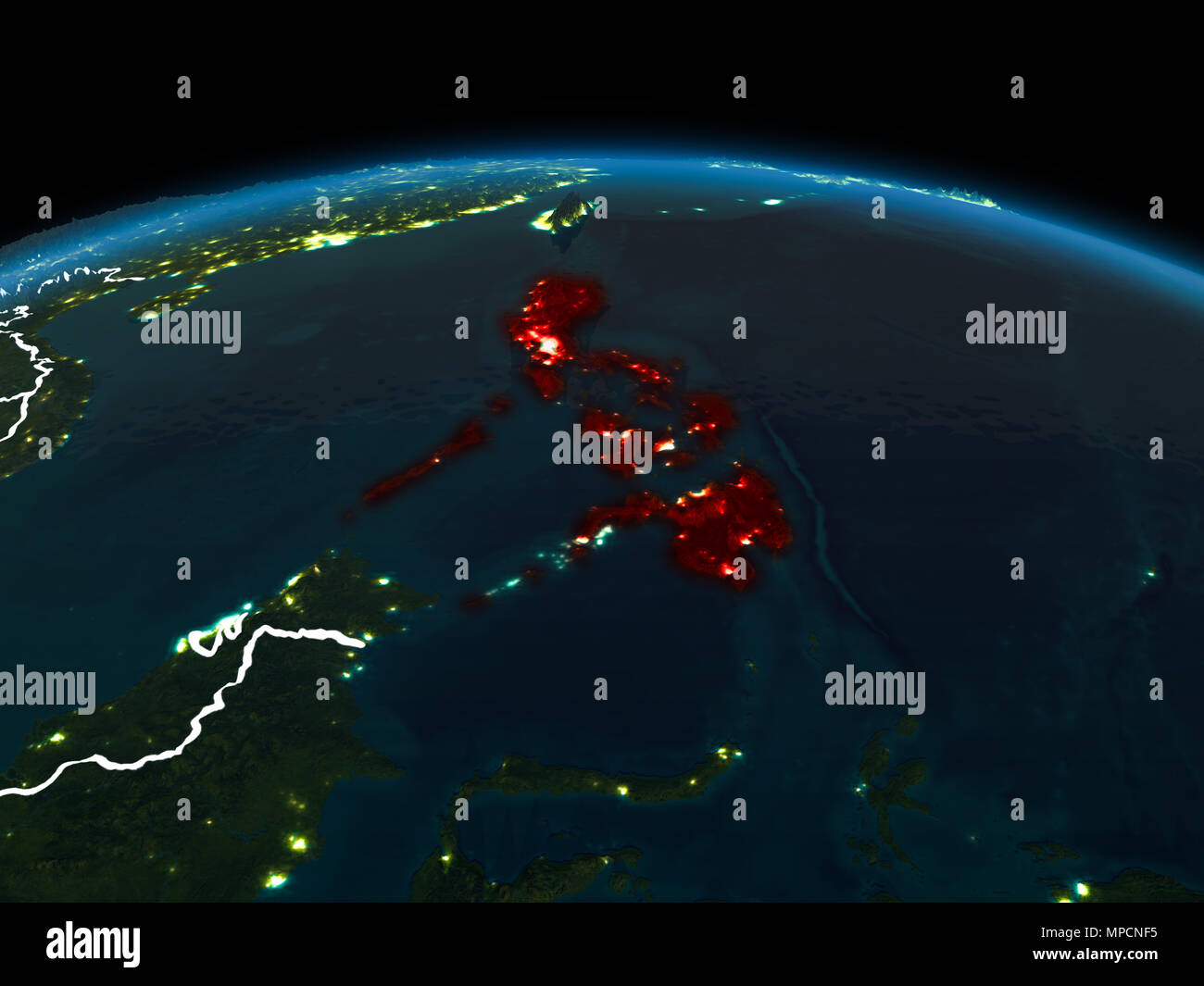 Space orbit view of Philippines highlighted in red on planet Earth at ...