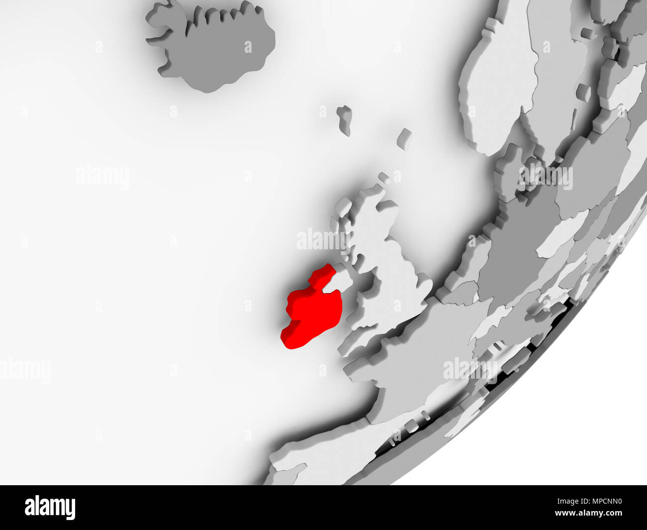 Illustration of Ireland highlighted in red on grey globe. 3D ...