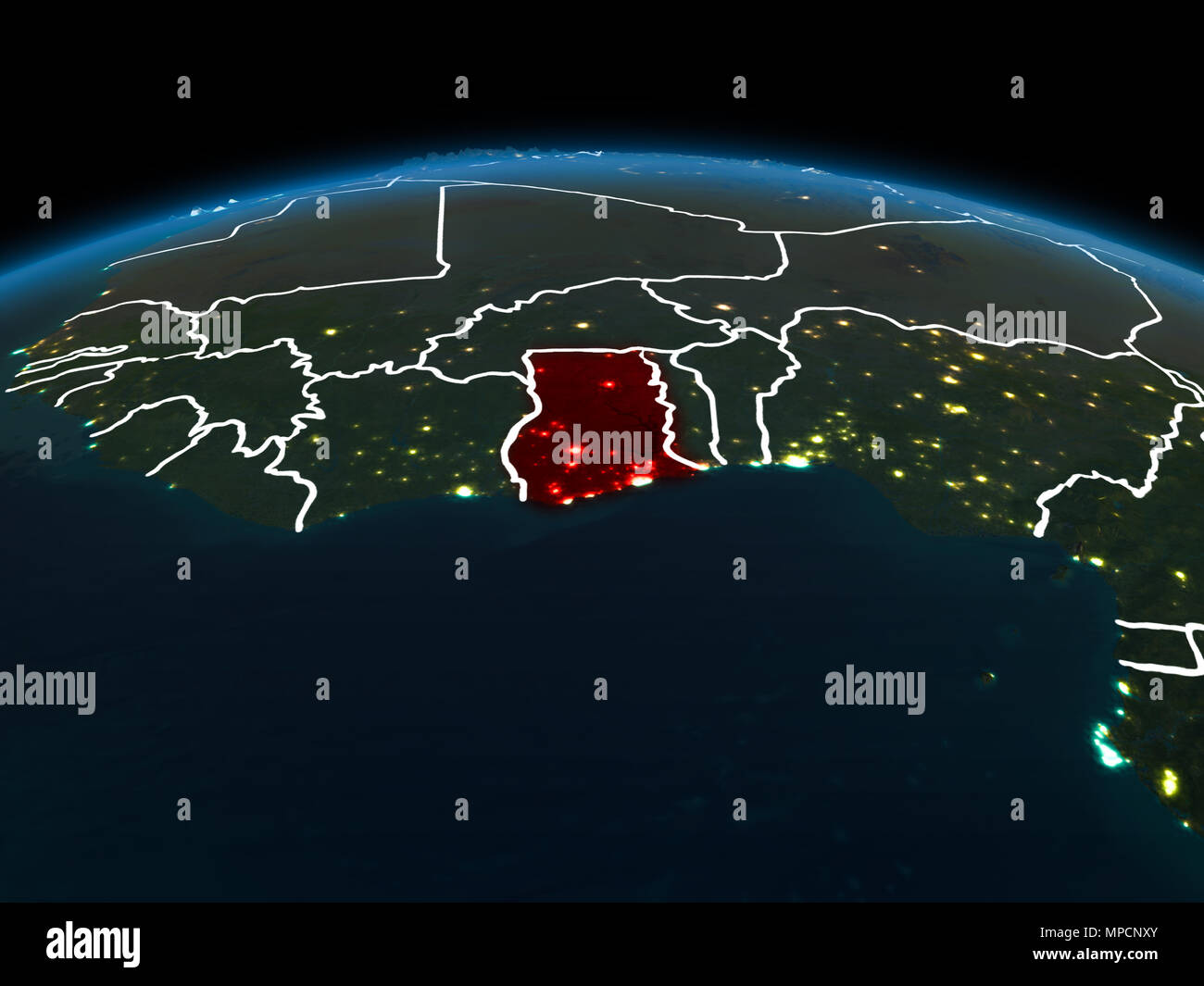 Space orbit view of Ghana highlighted in red on planet Earth at night ...