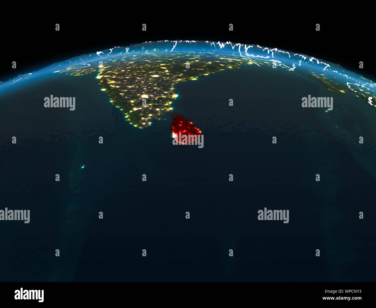 Space orbit view of Sri Lanka highlighted in red on planet Earth at night with visible country ...