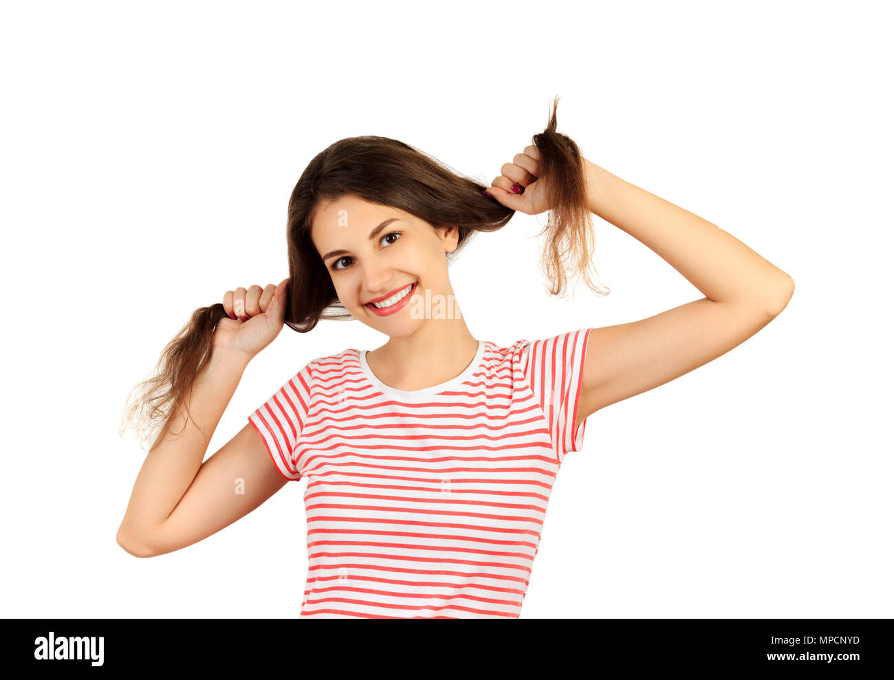 Girl confused with her hair. emotional girl isolated on white ...