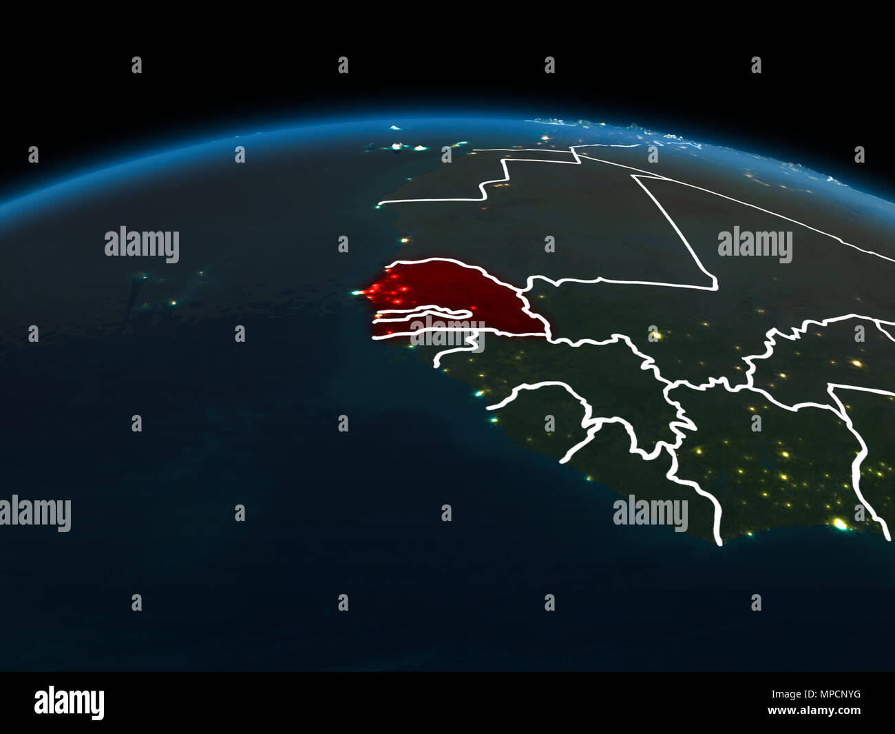 Space orbit view of Senegal highlighted in red on planet Earth at night ...