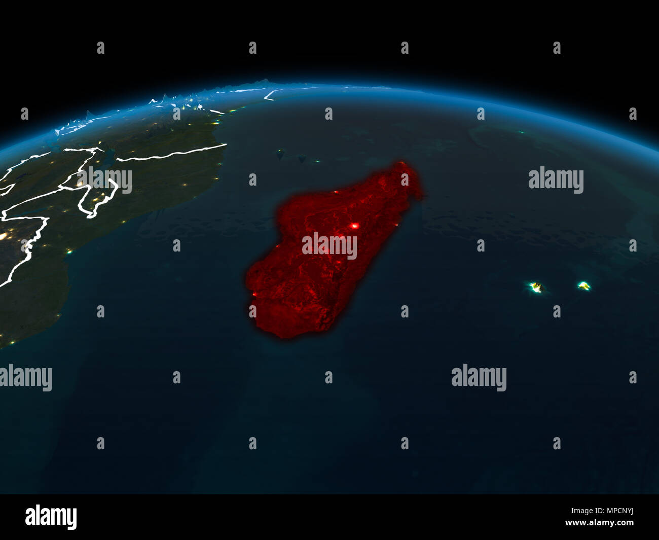 Space orbit view of Madagascar highlighted in red on planet Earth at night with visible country ...