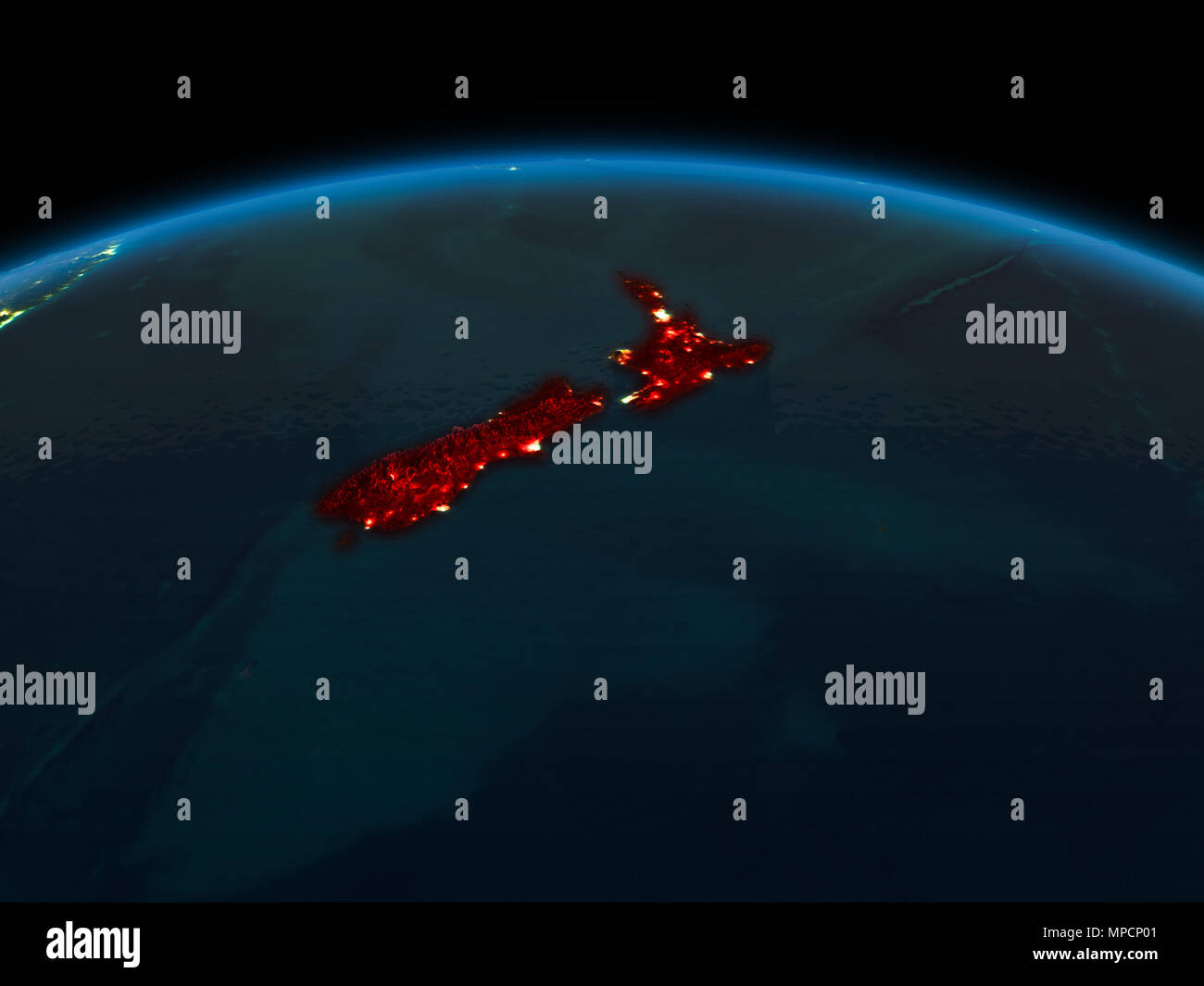 Space orbit view of New Zealand highlighted in red on planet Earth at ...