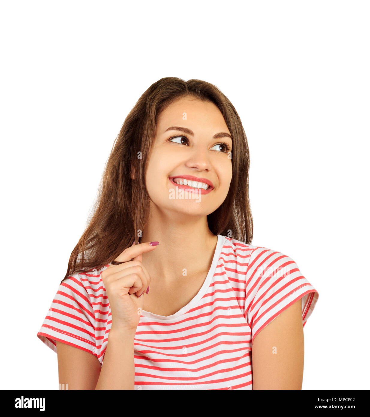 embarrassed young woman laughs. emotional girl isolated on white ...