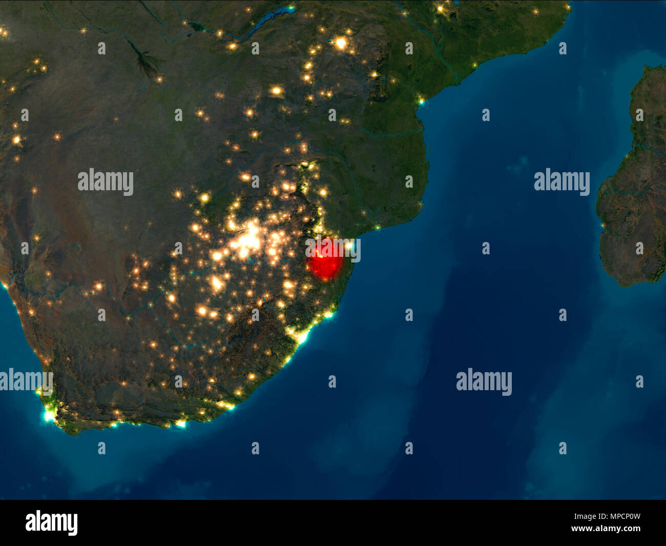 Satellite night view of Swaziland highlighted in red on planet Earth. 3D illustration. Elements ...