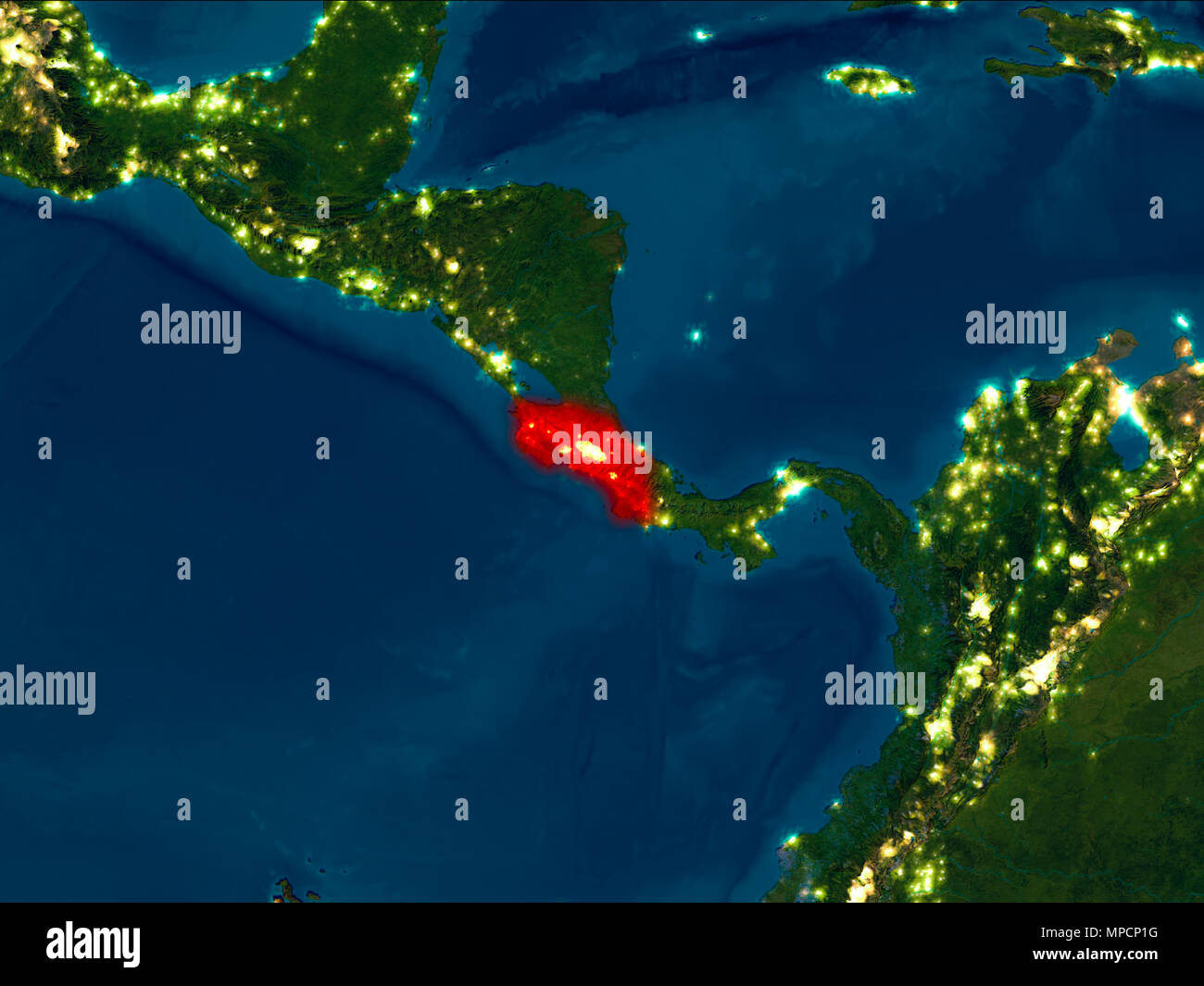 Satellite night view of Costa Rica highlighted in red on planet Earth ...