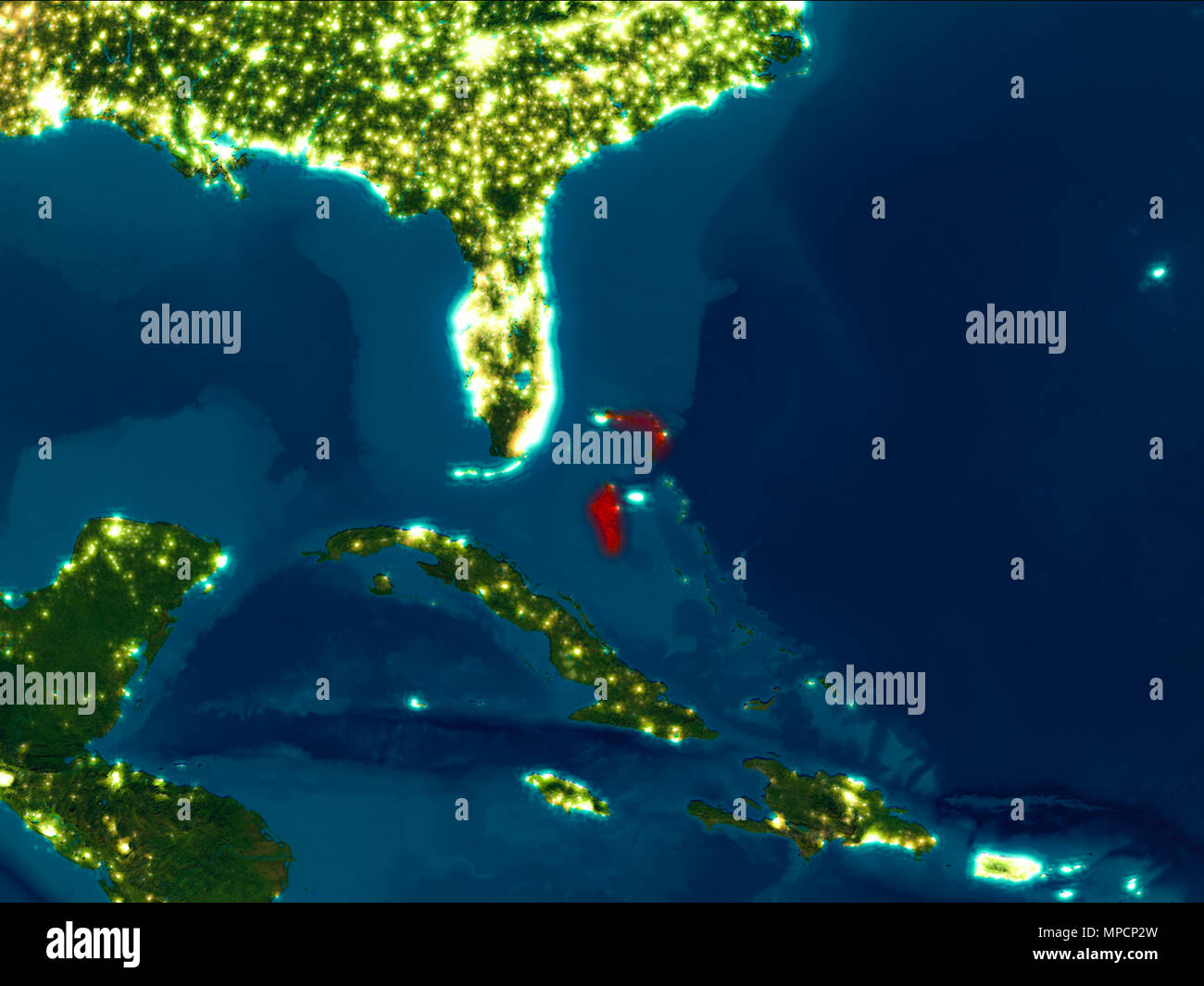 Satellite night view of Bahamas highlighted in red on planet Earth. 3D ...
