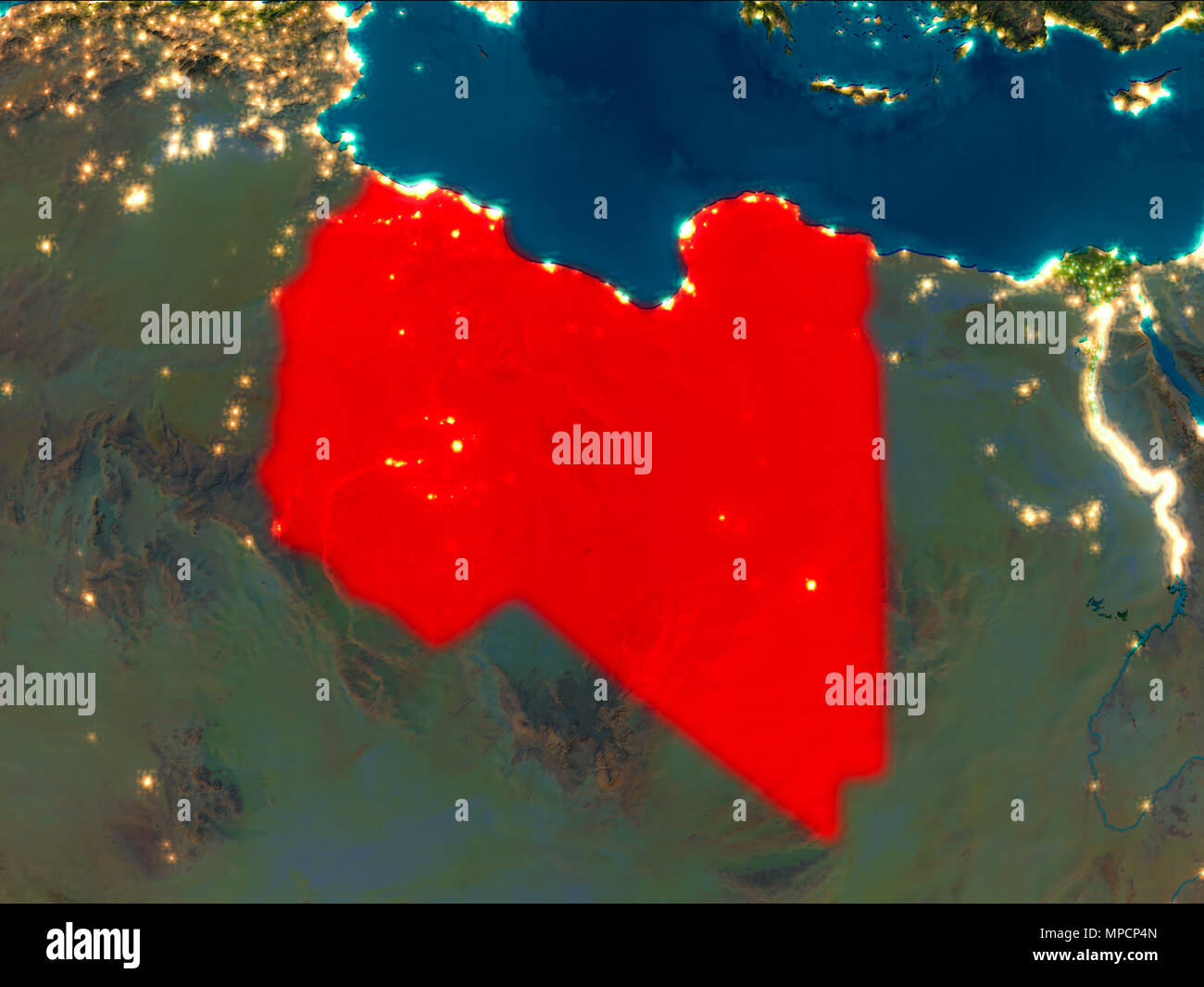 Satellite night view of Libya highlighted in red on planet Earth. 3D ...