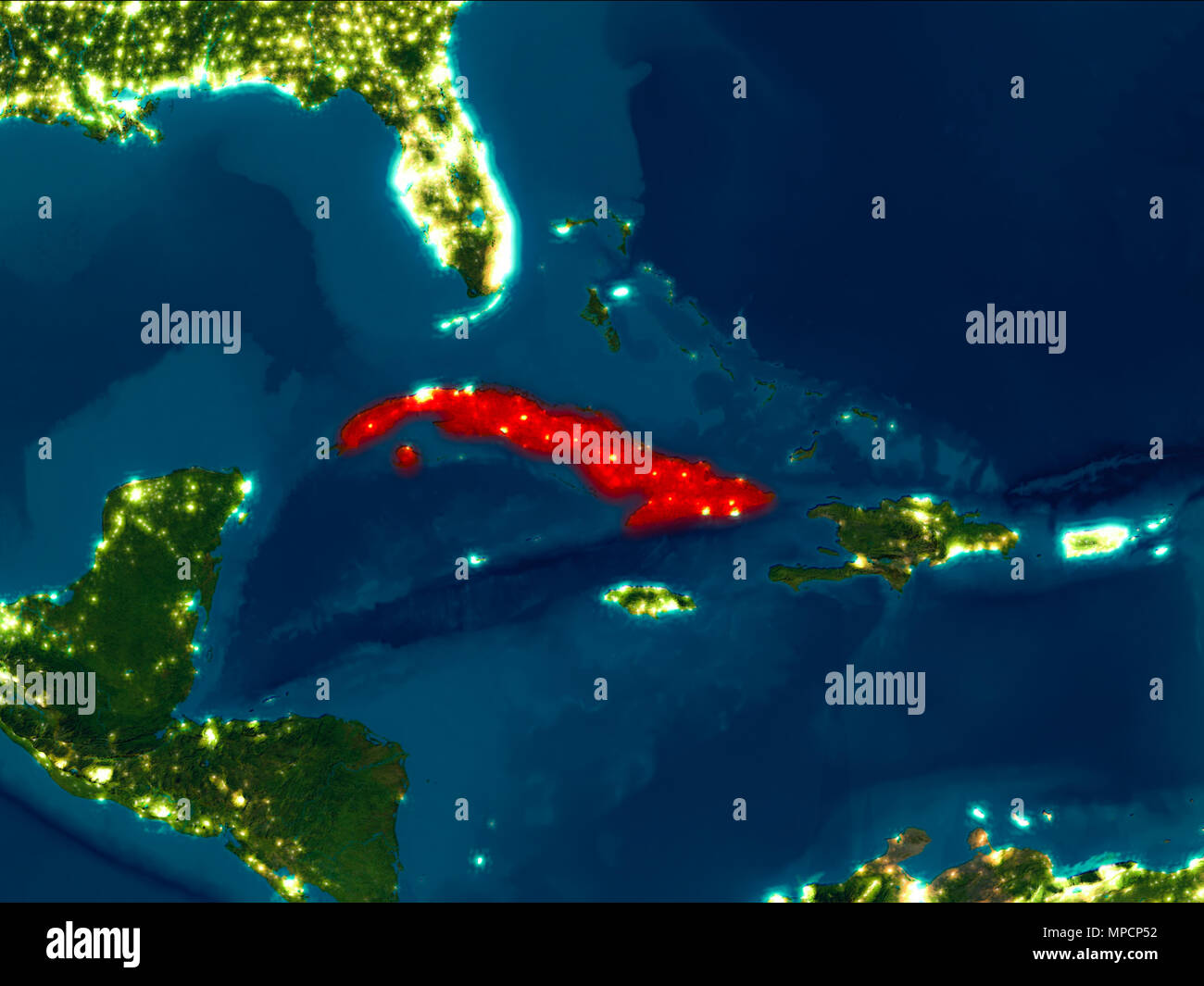 Satellite night view of Cuba highlighted in red on planet Earth. 3D ...