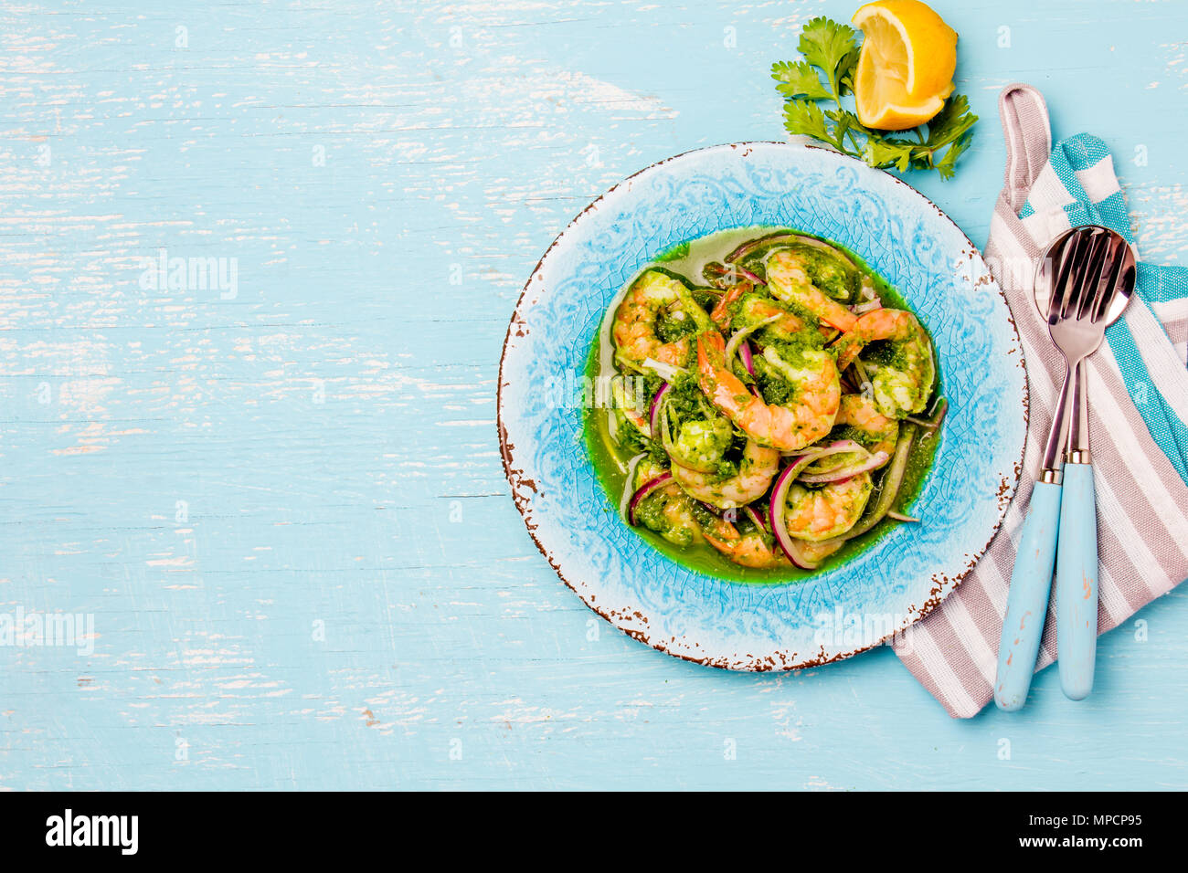 MEXICAN CUISINE. Aguachile de camaron. Prawns aguachile. Shrimps eviche ...