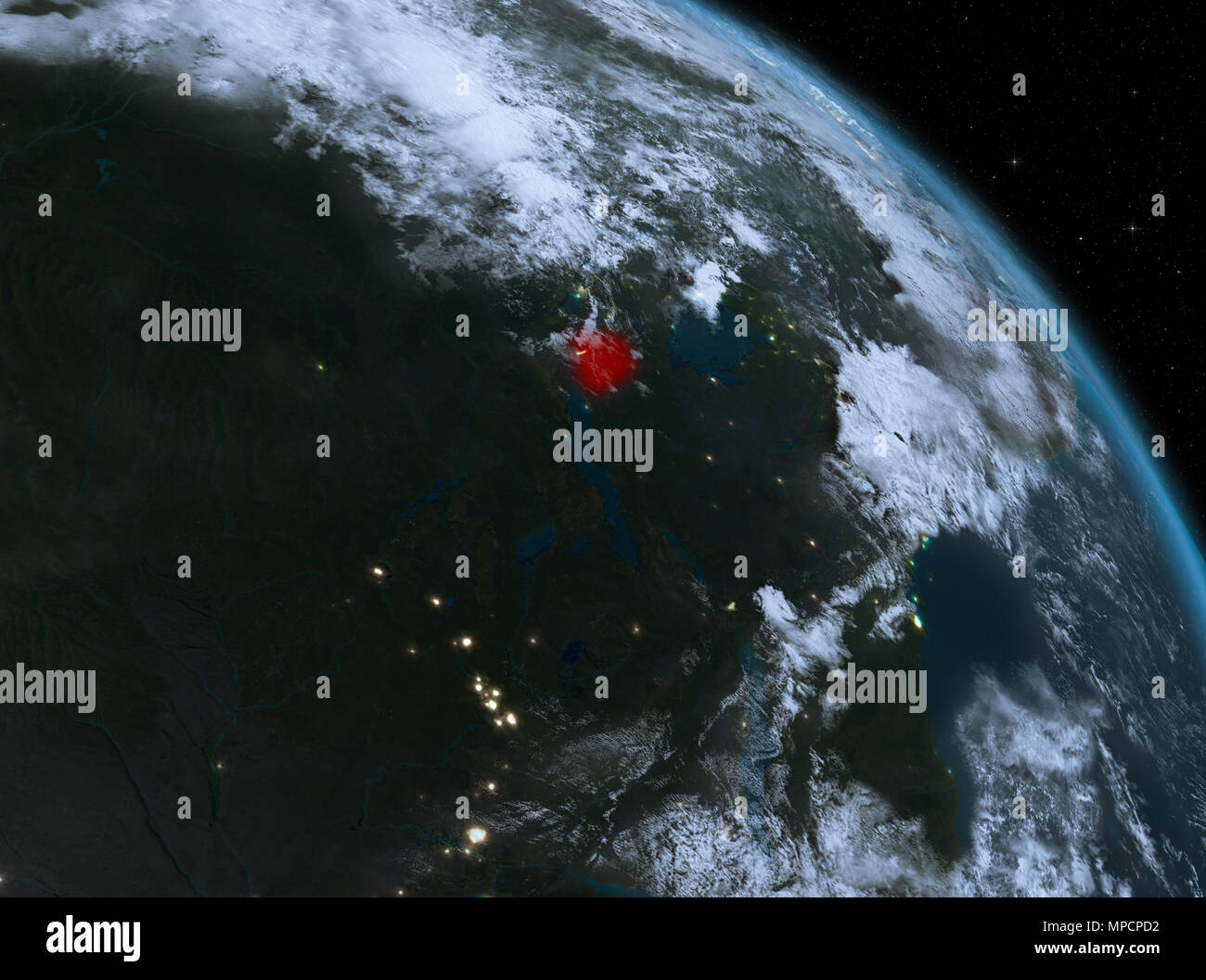 Night above Burundi highlighted in red on model of planet Earth in space. 3D illustration ...