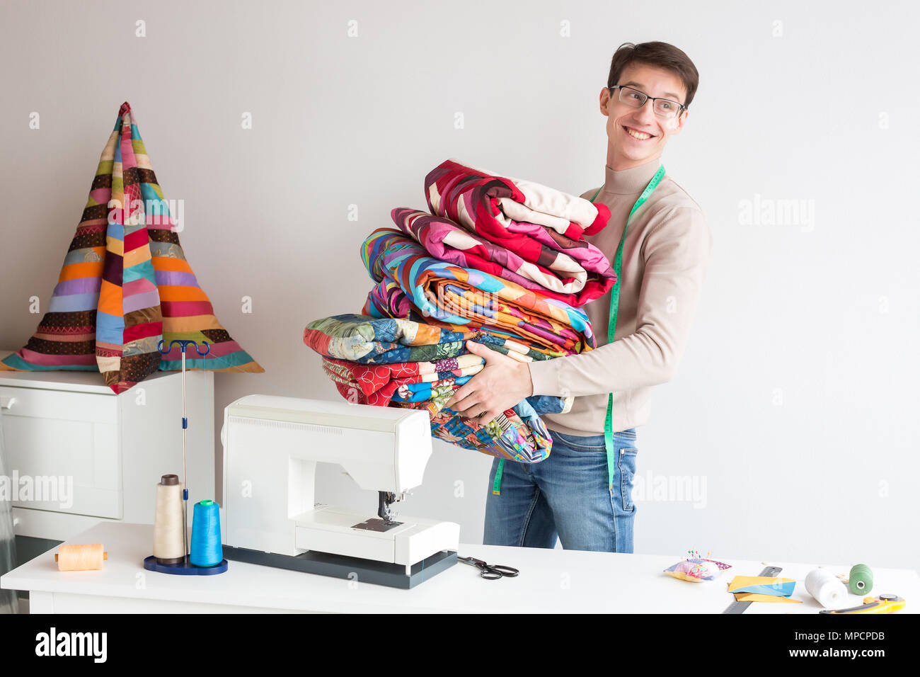 handcraft, creativity, patchwork concept. by the work table with lots ...