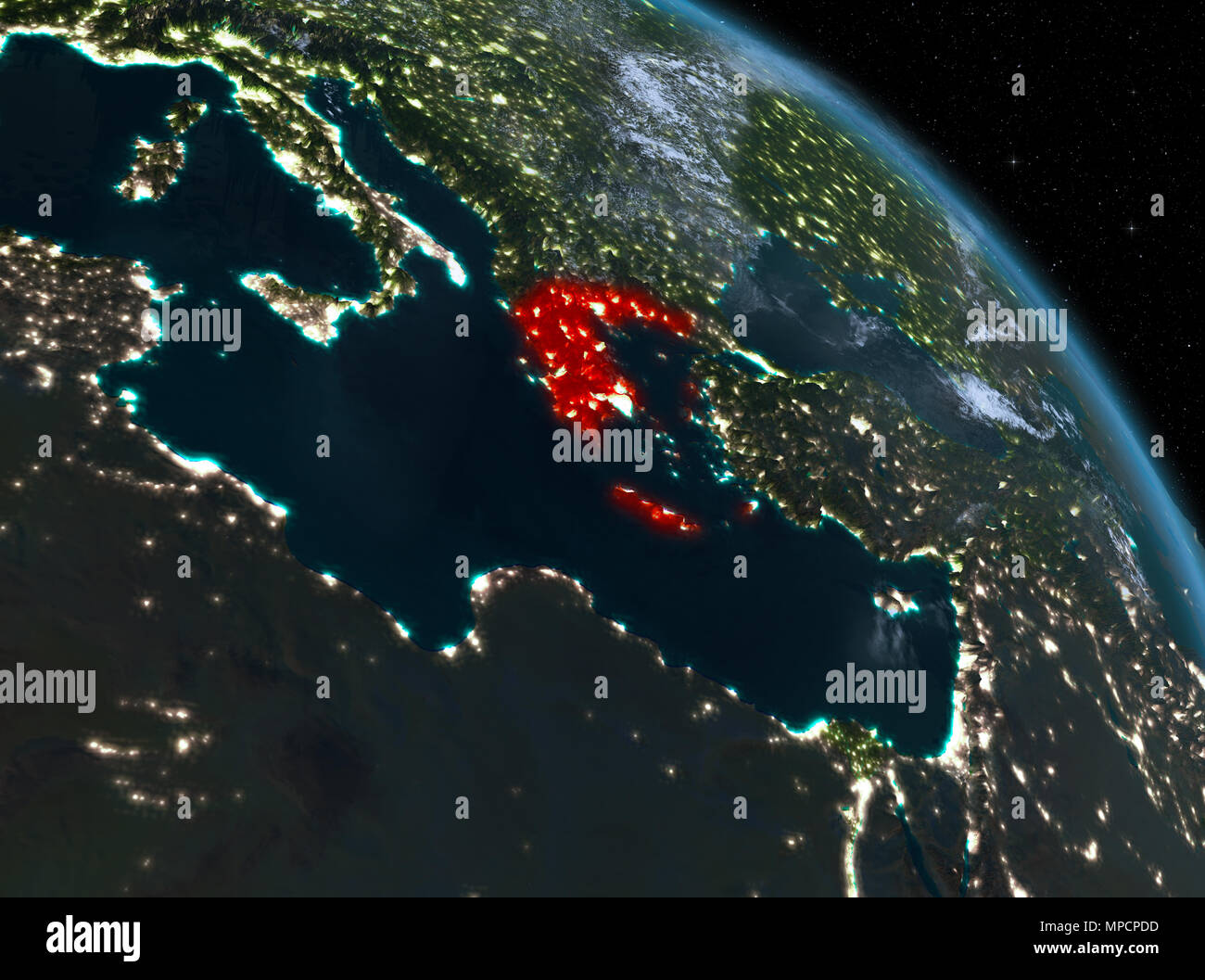 Night above Greece highlighted in red on model of planet Earth in space ...