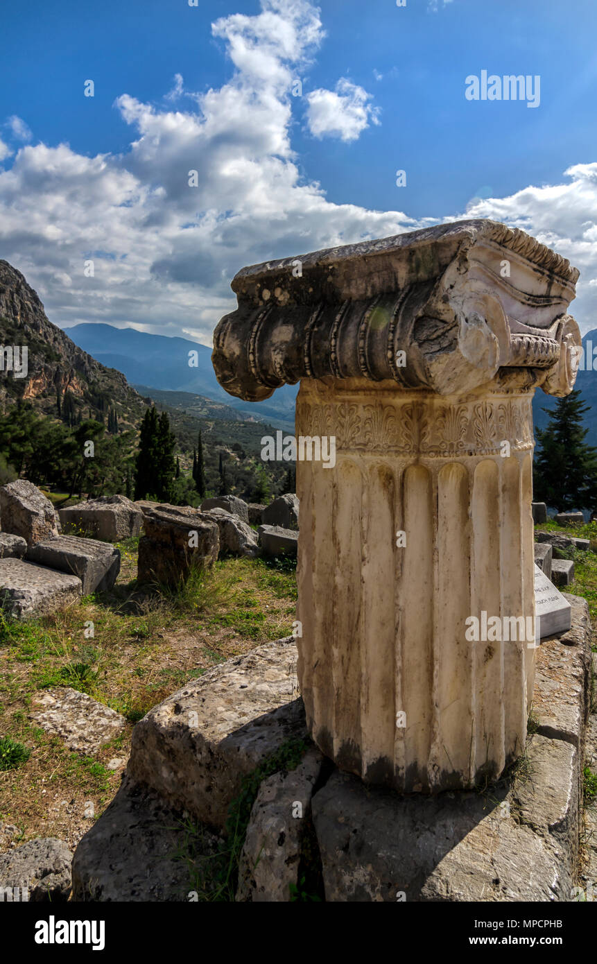 Delphi Town, Phocis - Greece. Ancient column with ionic order capital ...
