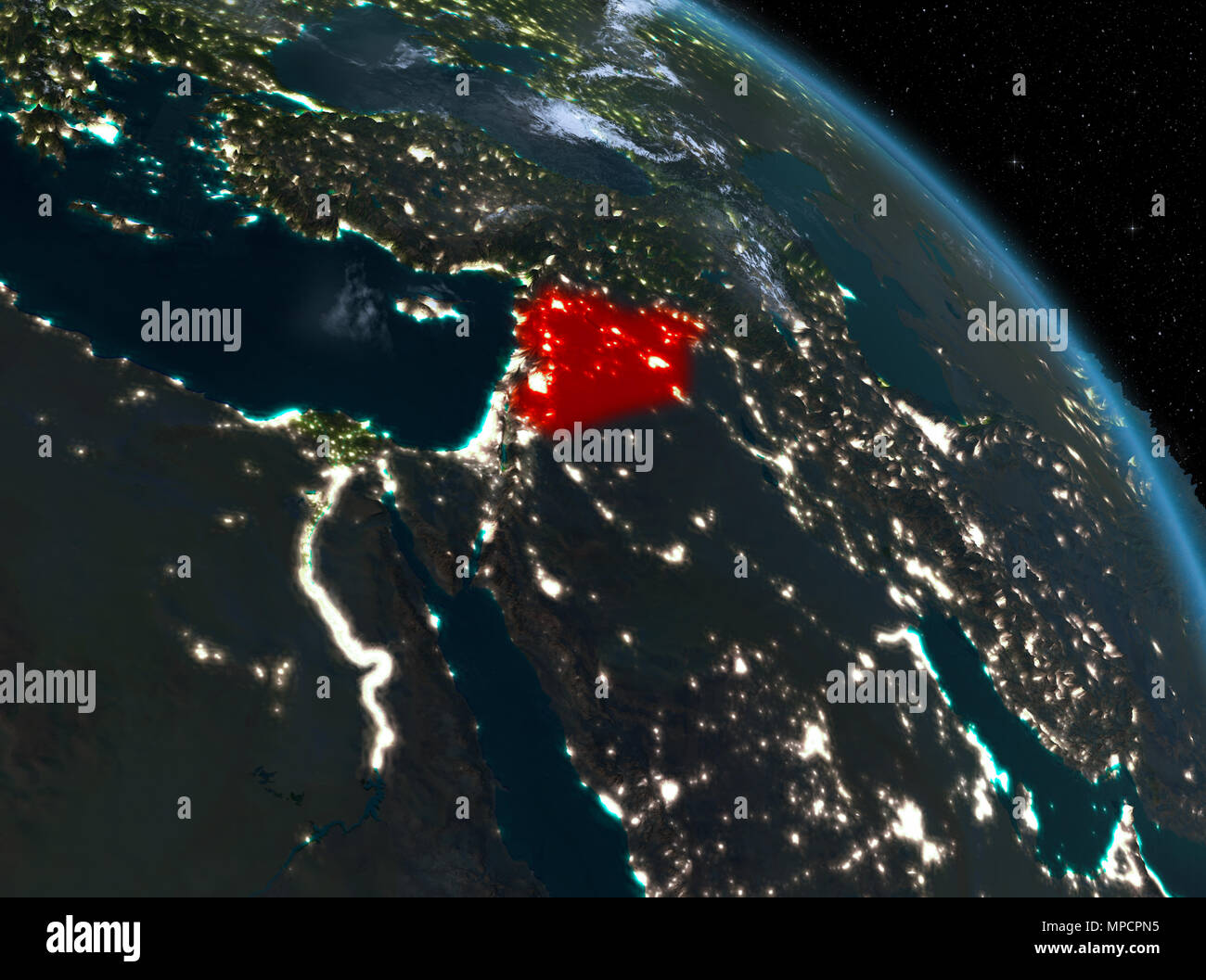 Night above Syria highlighted in red on model of planet Earth in space ...