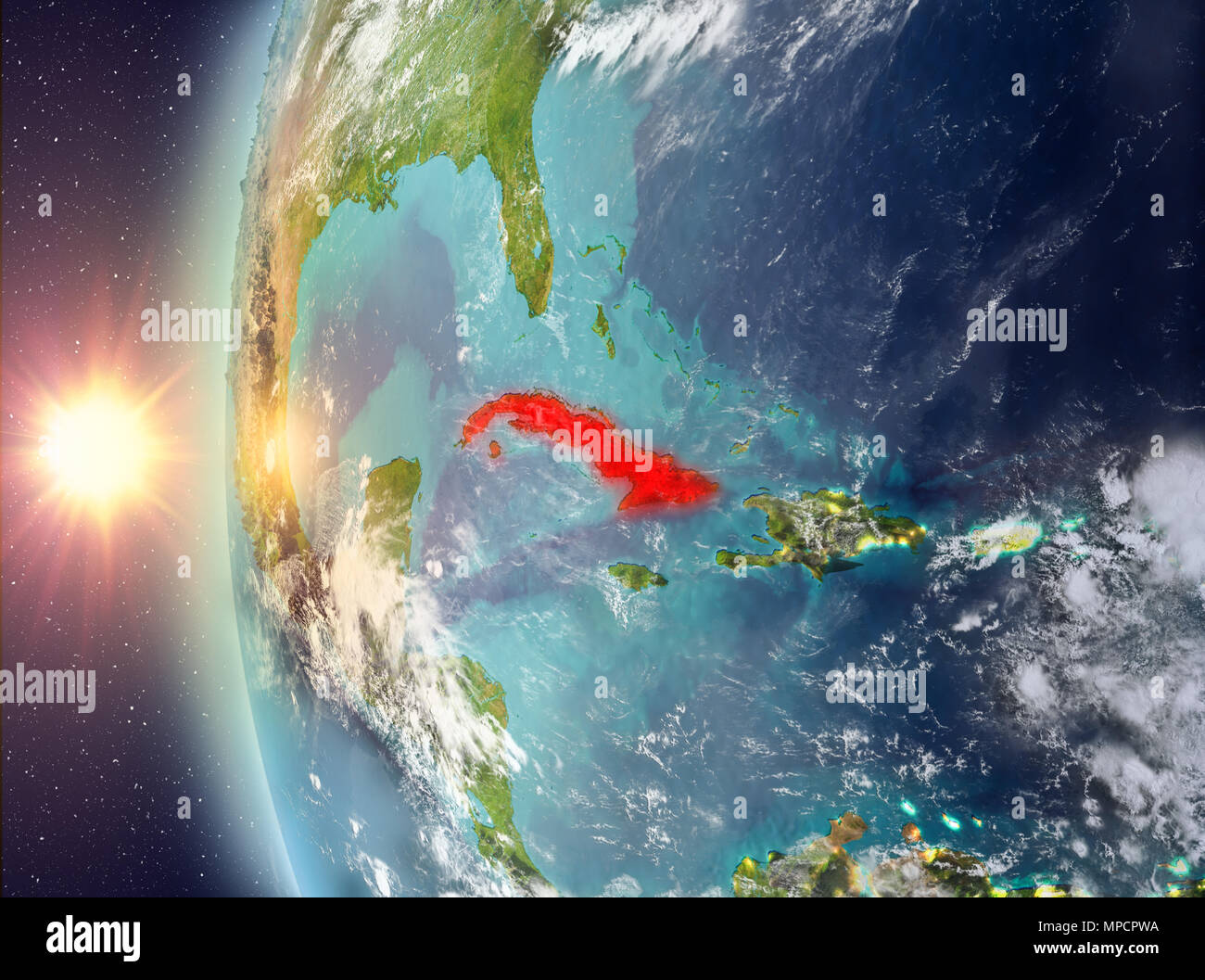 Cuba as seen from space on planet Earth during sunset. 3D illustration ...