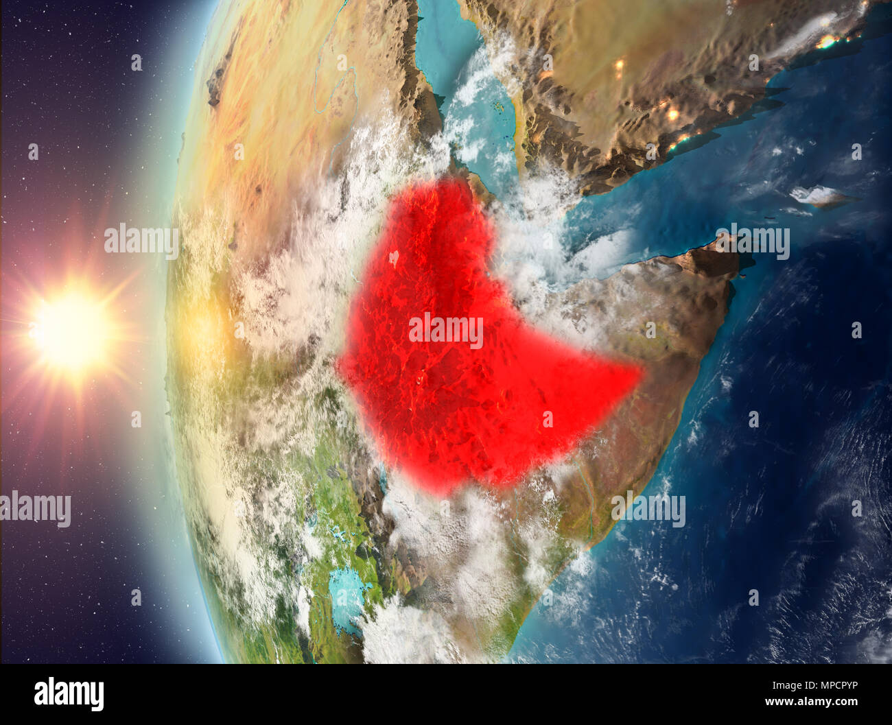 Ethiopia as seen from space on planet Earth during sunset. 3D ...