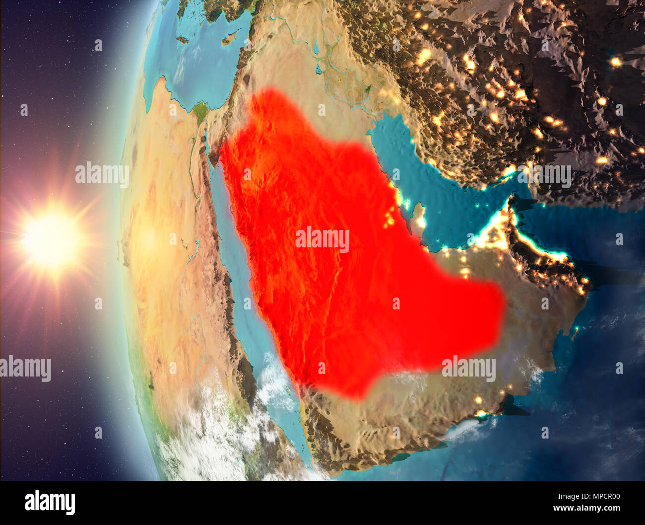 Saudi Arabia as seen from space on planet Earth during sunset. 3D ...