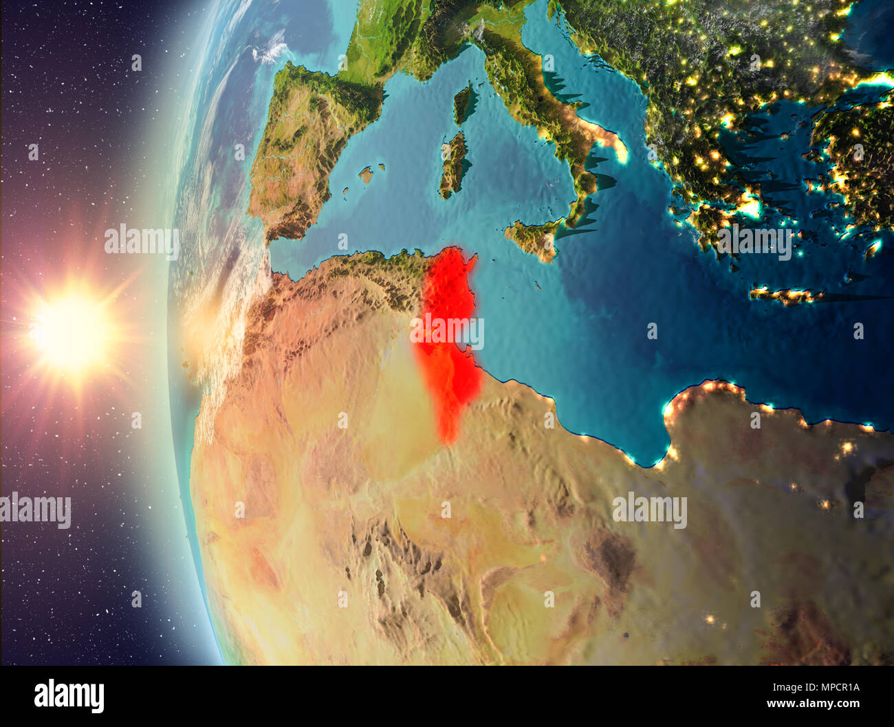 Tunisia as seen from space on planet Earth during sunset. 3D ...