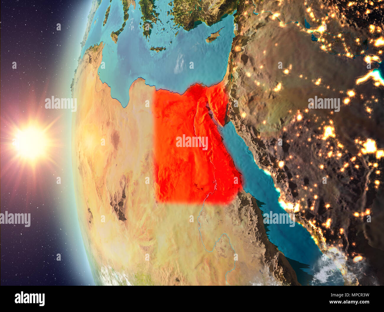 Egypt as seen from space on planet Earth during sunset. 3D illustration ...