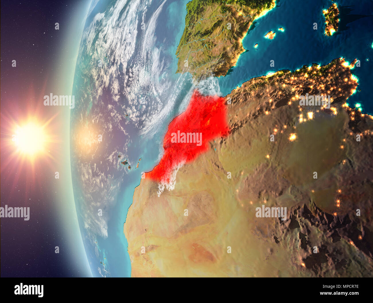 Morocco as seen from space on planet Earth during sunset. 3D ...