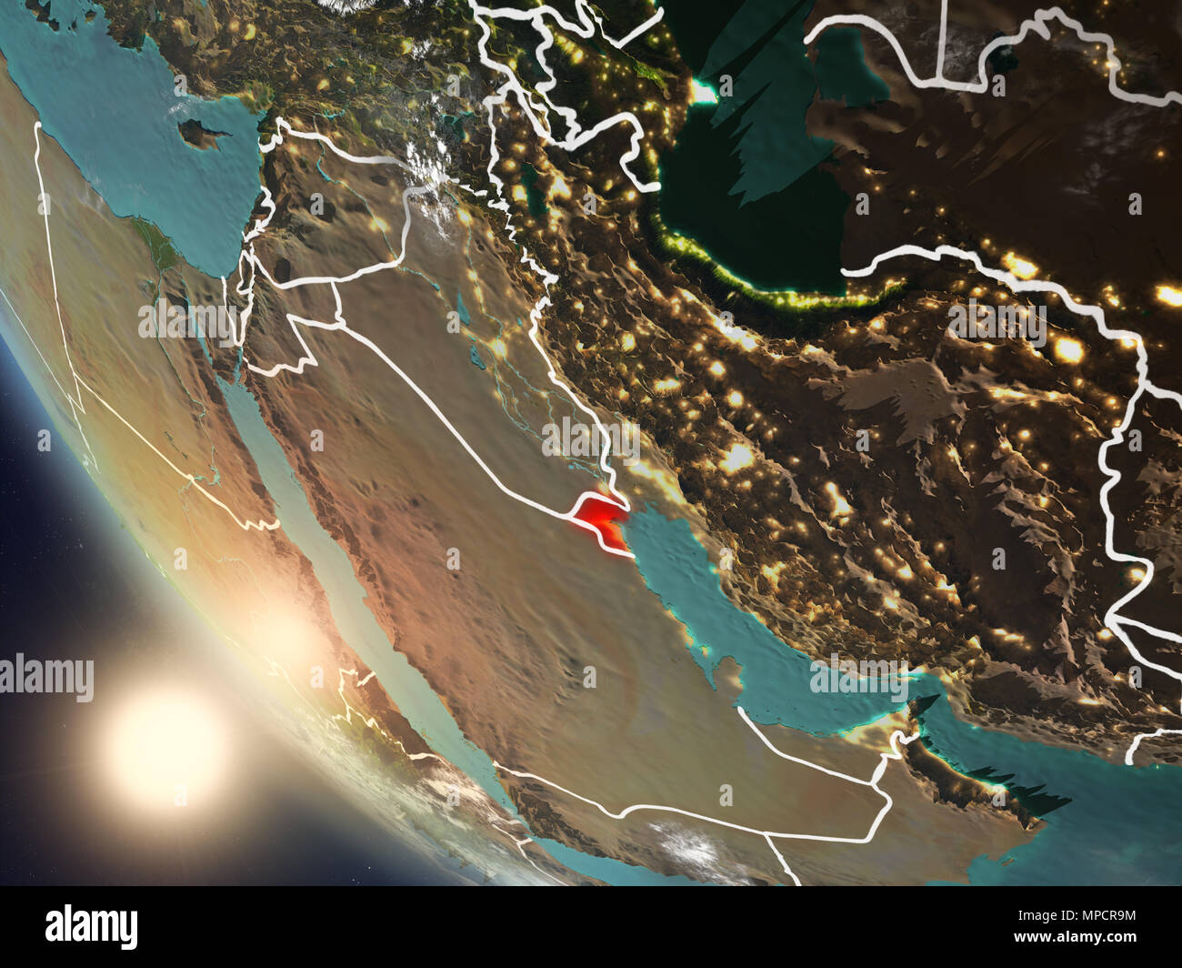 Illustration of Kuwait as seen from Earth’s orbit during sunset with ...