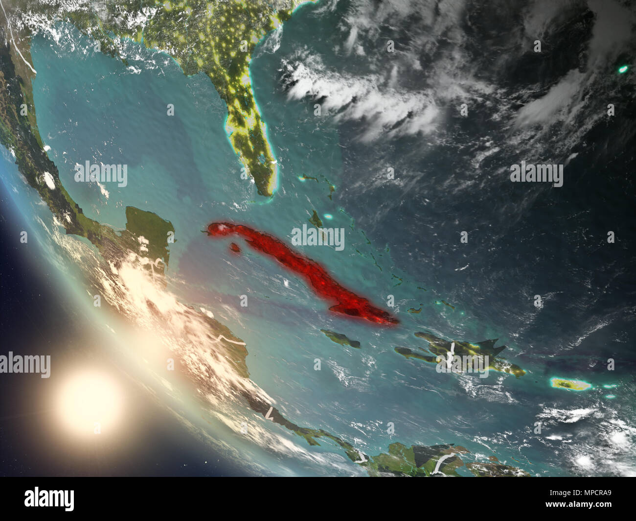 Illustration of Cuba as seen from Earth’s orbit during sunset with ...