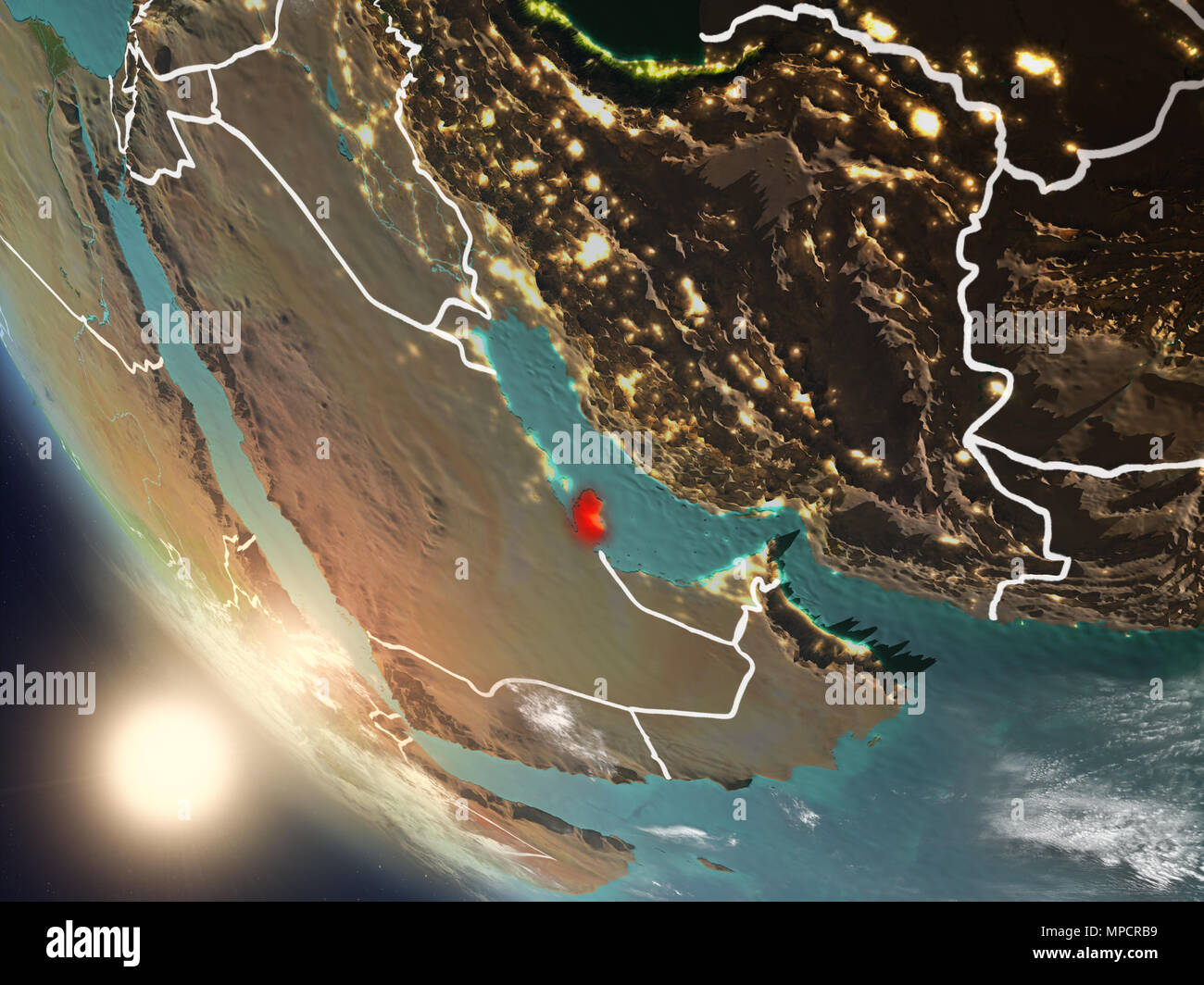 Illustration of Qatar as seen from Earth’s orbit during sunset with ...