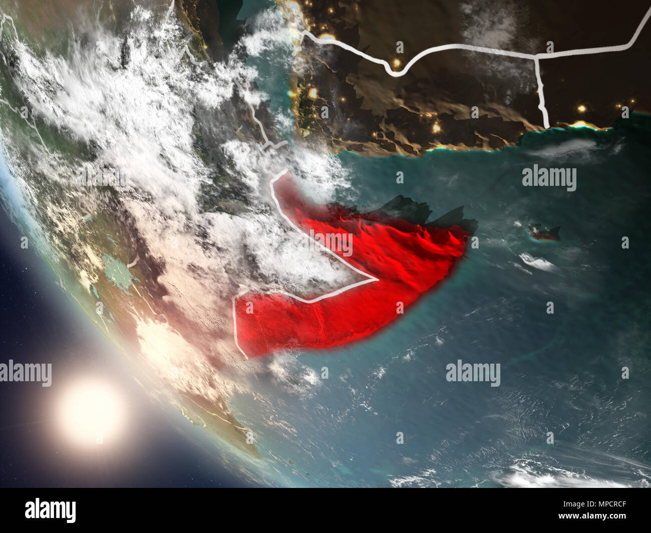 Illustration of Somalia as seen from Earth’s orbit during sunset with ...