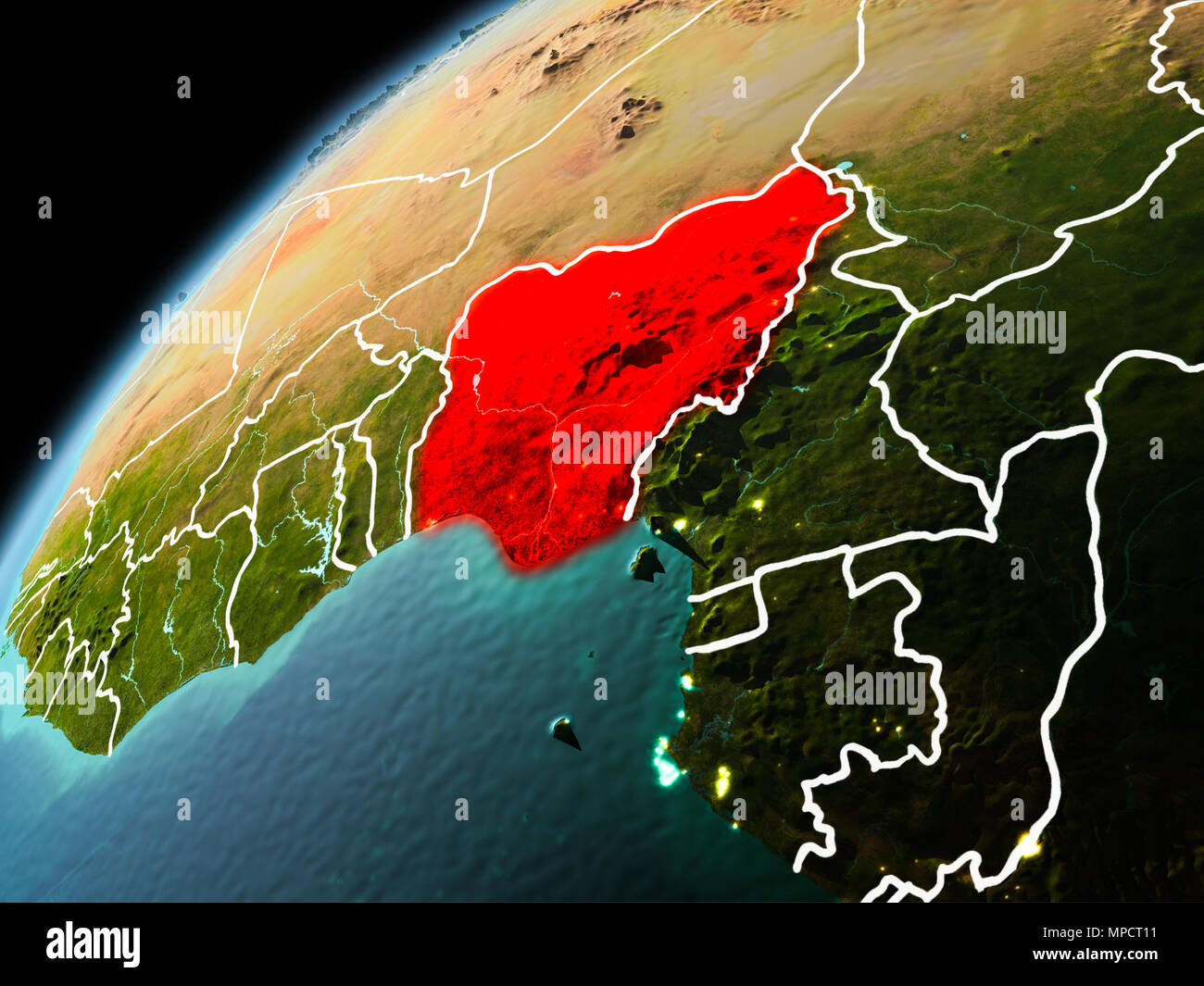 Illustration of Nigeria as seen from Earth’s orbit in late evening with ...