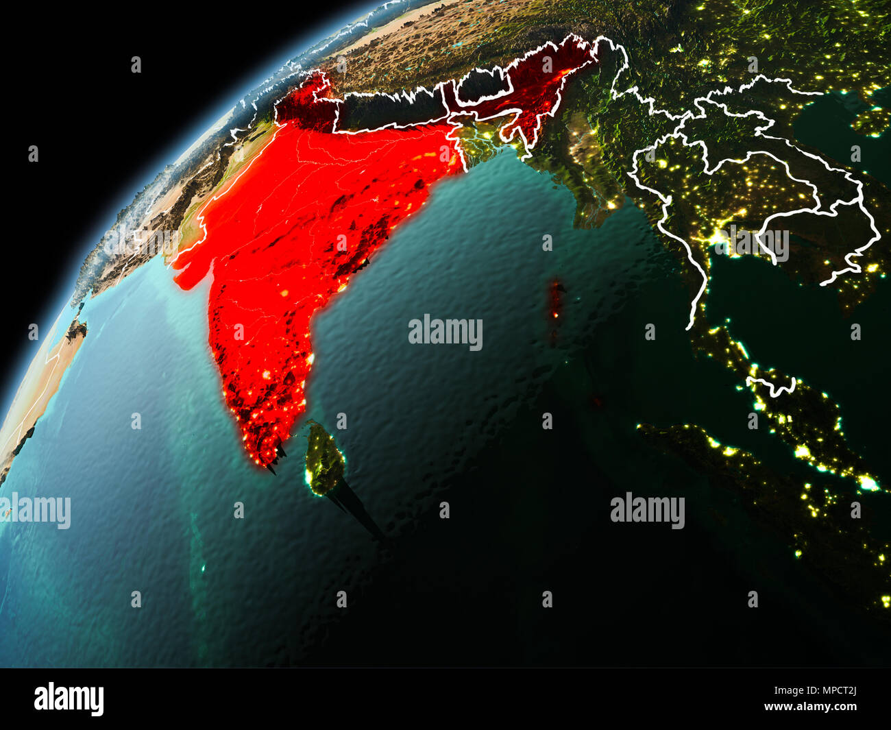 Illustration of India as seen from Earth’s orbit in late evening with ...
