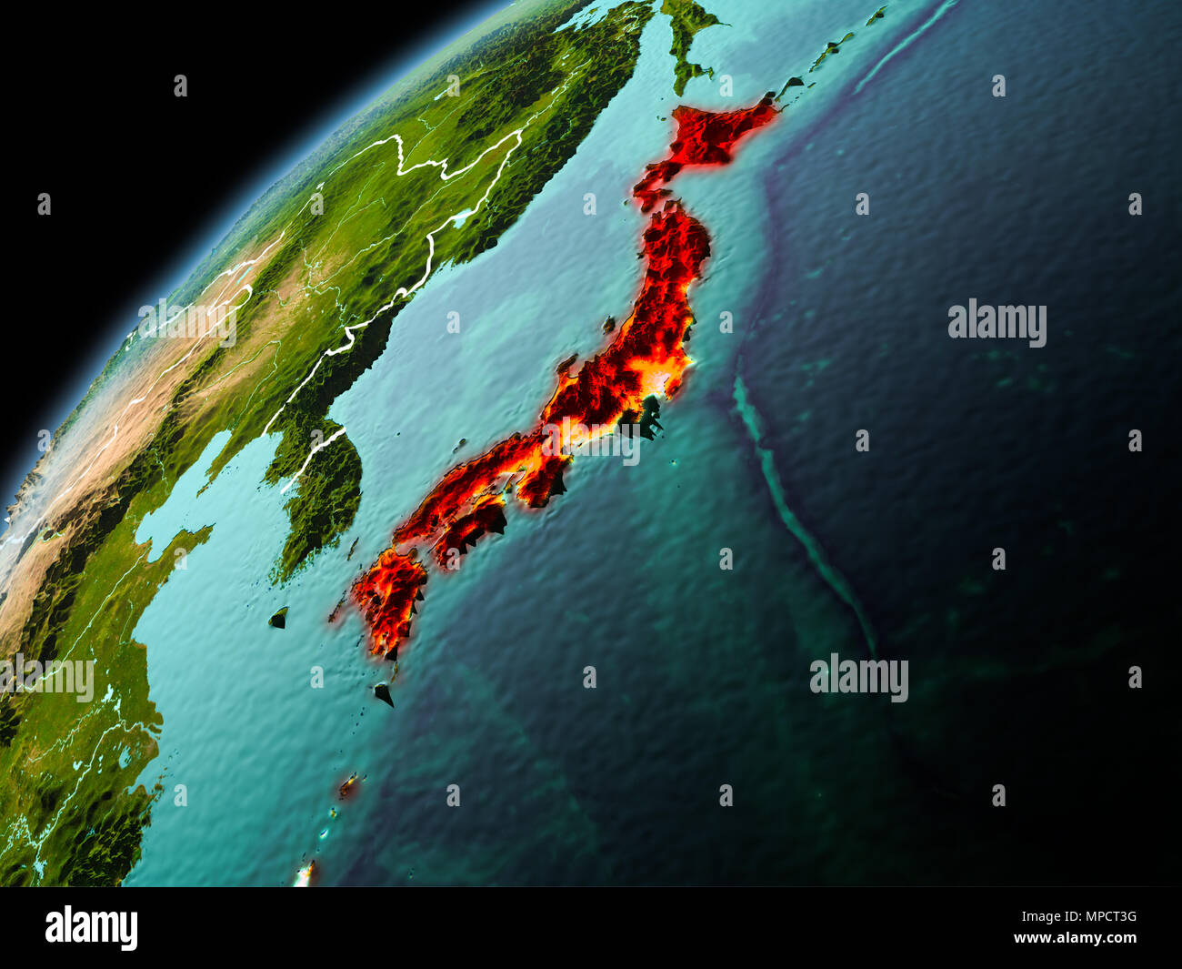 Illustration of Japan as seen from Earth’s orbit in late evening with ...