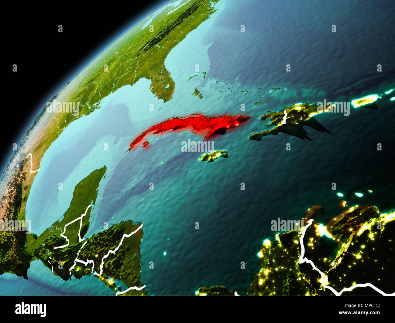 Illustration of Cuba as seen from Earth’s orbit in late evening with ...