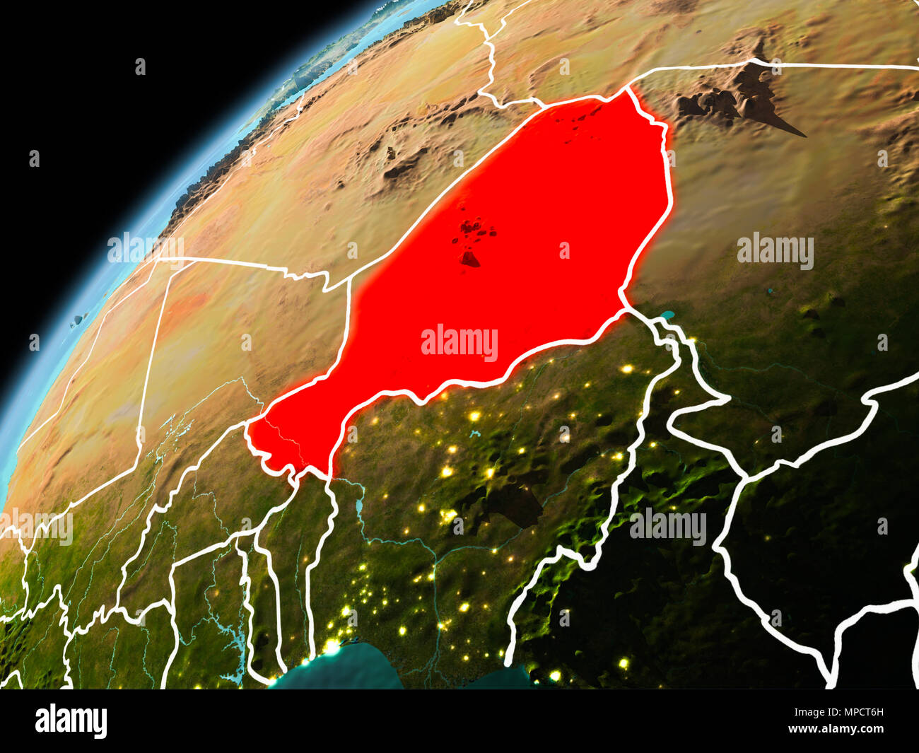 Illustration of Niger as seen from Earth’s orbit in late evening with ...