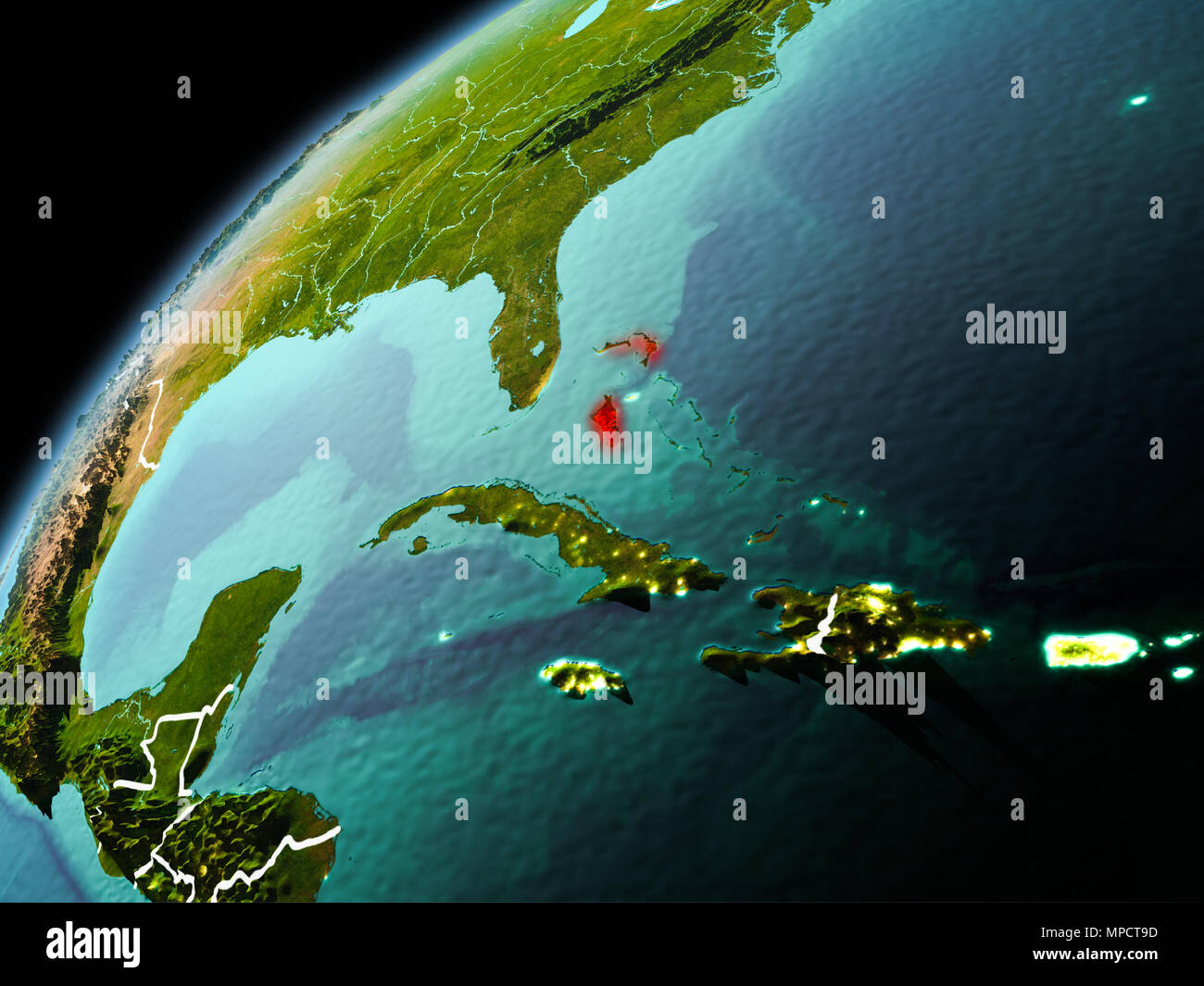 Illustration of Bahamas as seen from Earth’s orbit in late evening with ...
