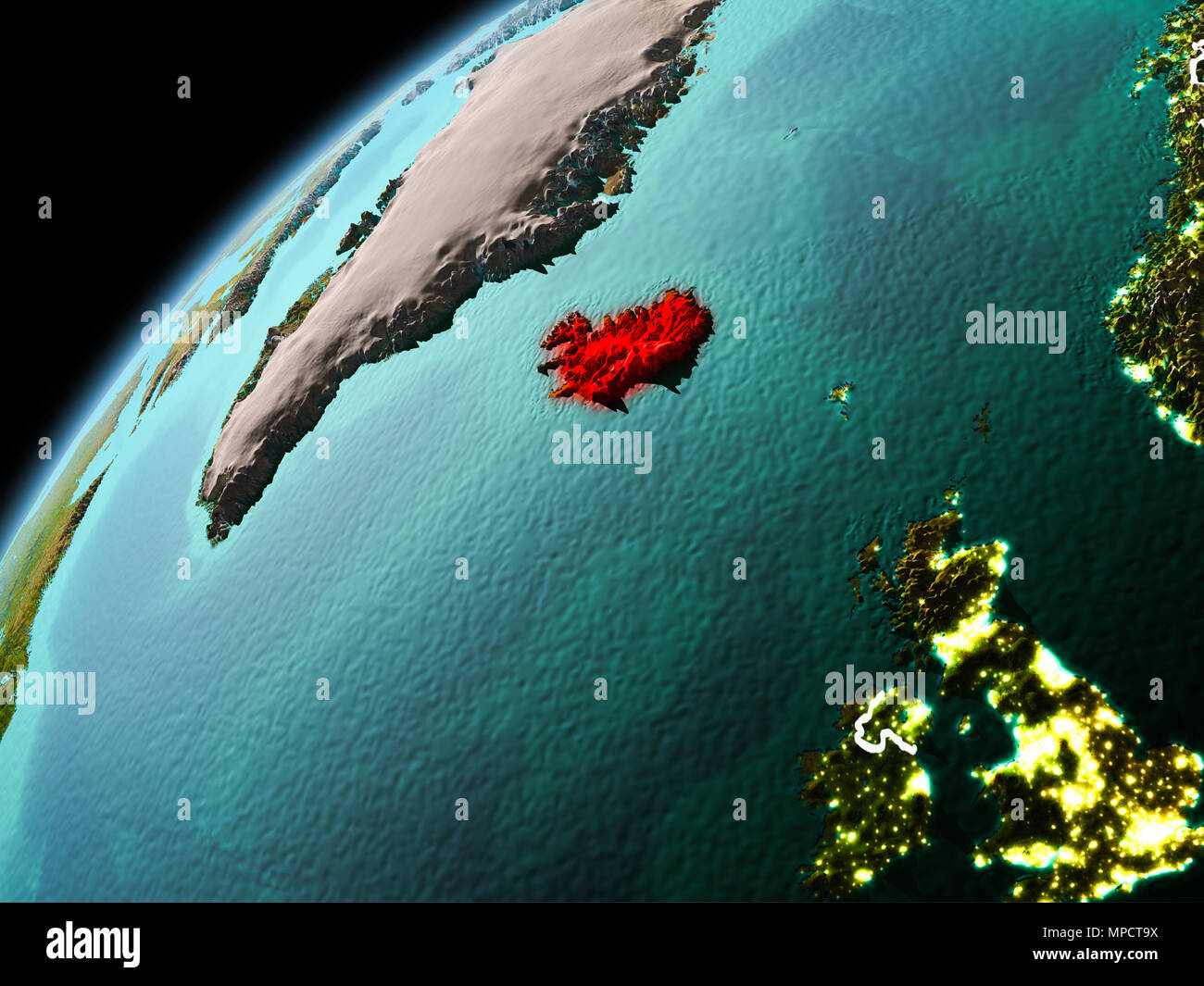 Illustration of Iceland as seen from Earth’s orbit in late evening with ...