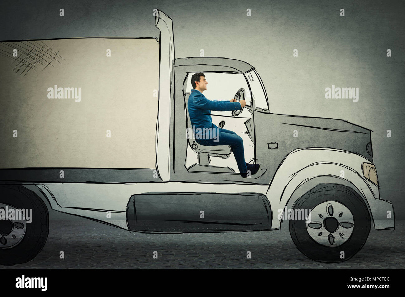 Profile portrait of a smiling lorry driver and a imaginary truck ...