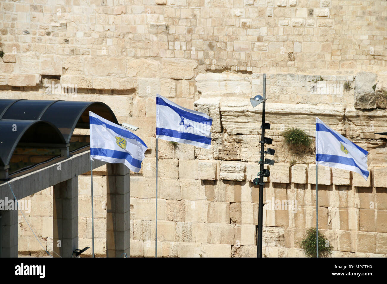 Jerusalem, Israel - 16 May 2018: View of the Israeli national flag at ...