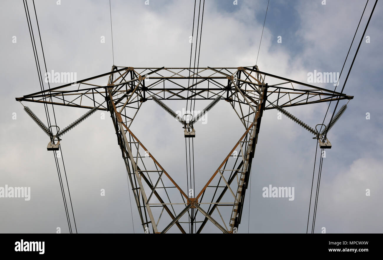 detail of a big pylon with high voltage electric wires Stock Photo - Alamy