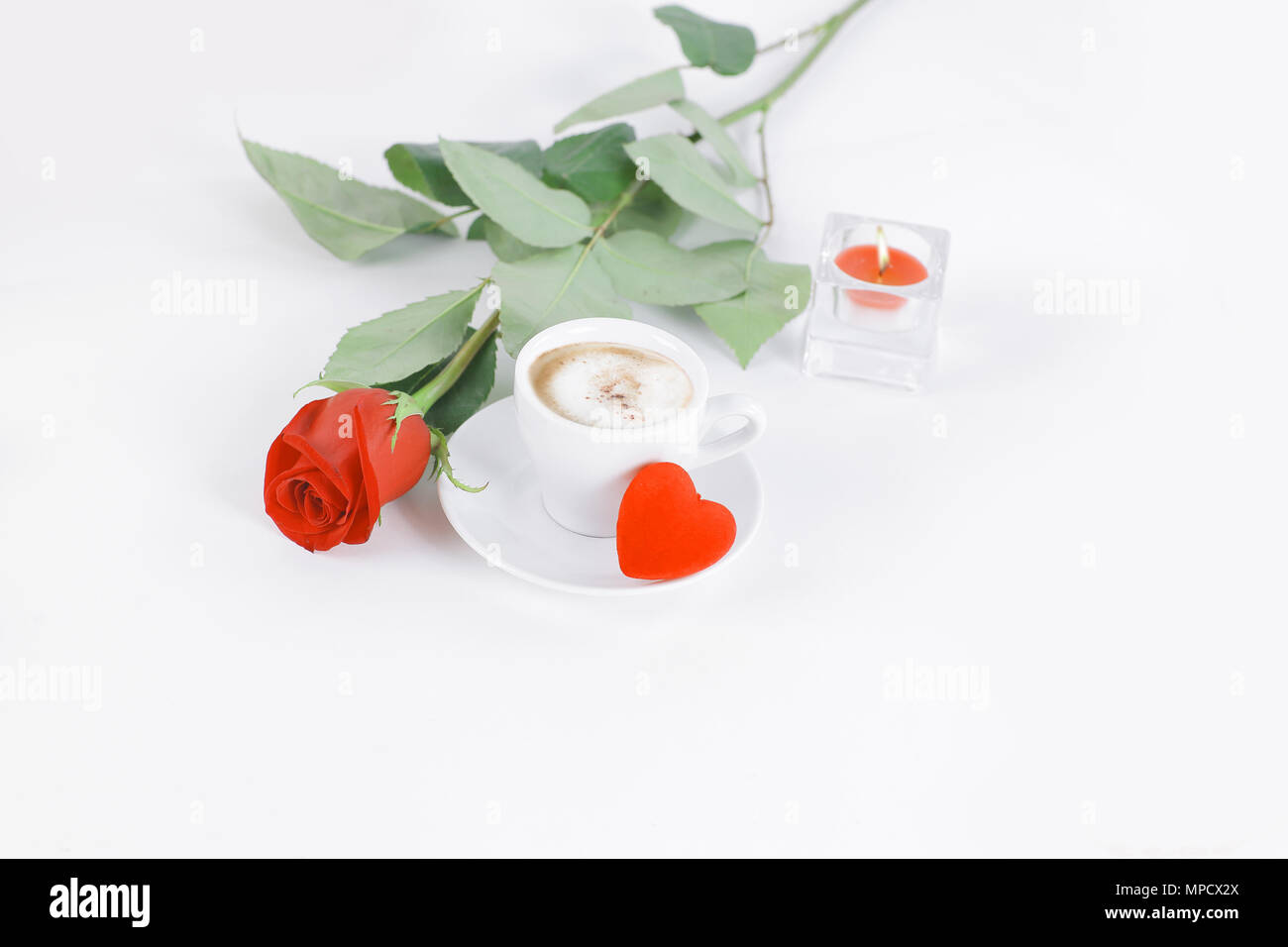 red rose,Cup of coffee and heart on white background Stock Photo - Alamy