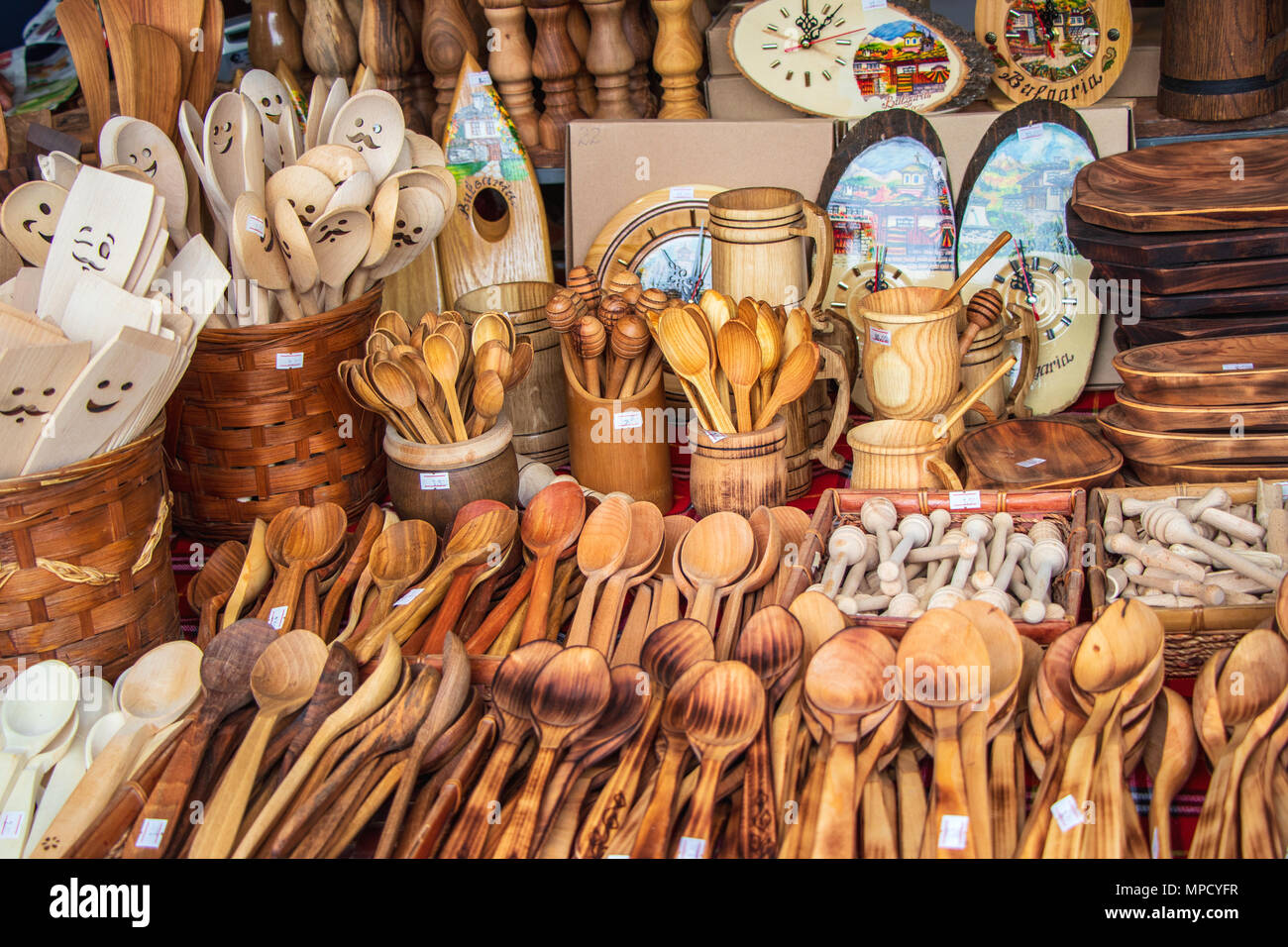 is sold on the street hand-made wooden utensils Stock Photo - Alamy