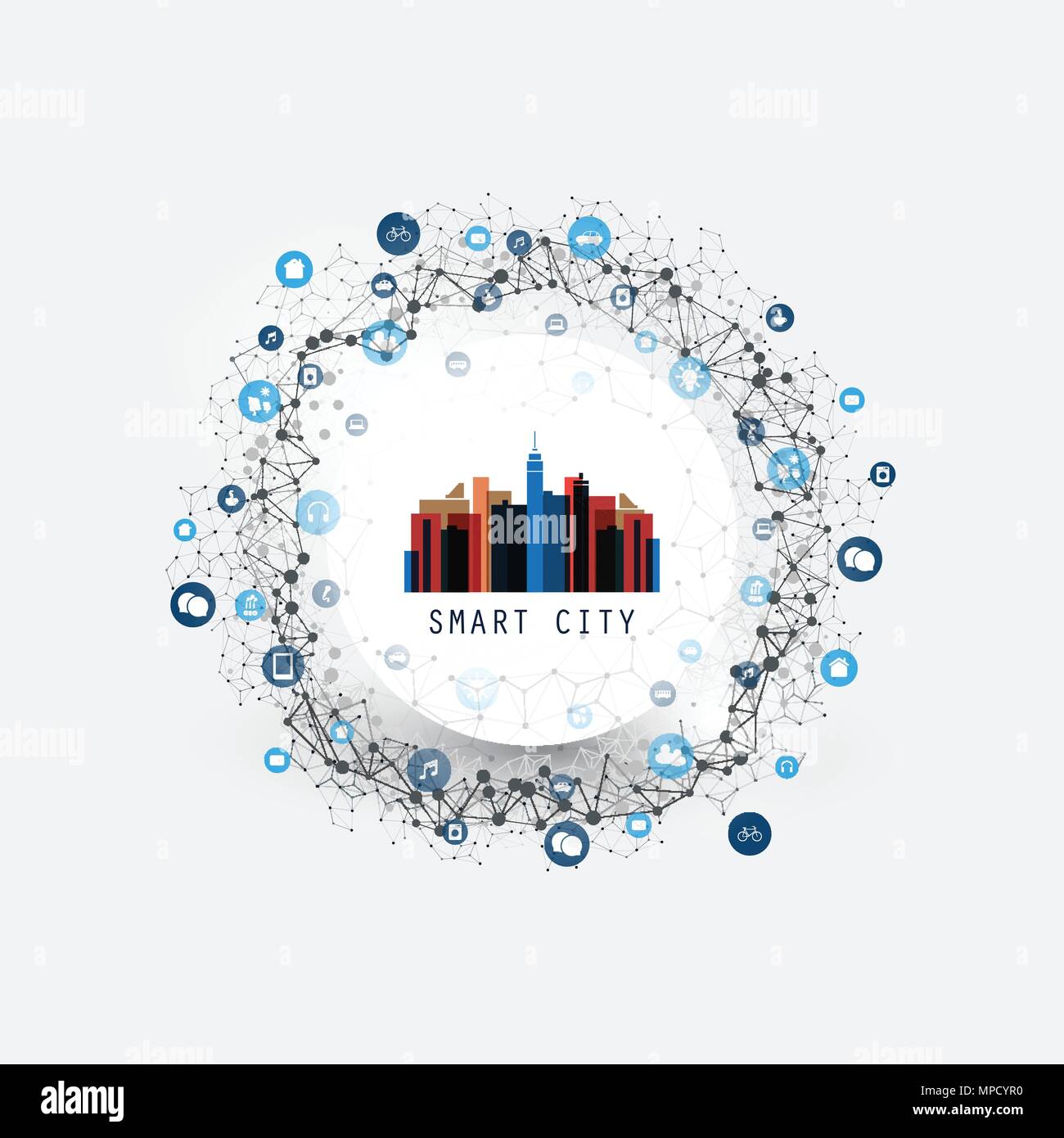 Colorful Smart City, Cloud Computing Design Concept with Icons - Digital Network Connections ...