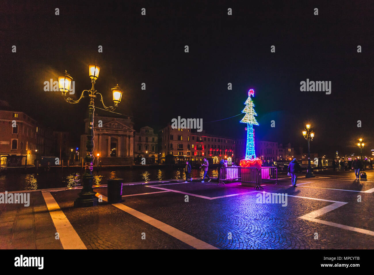 VENICE, ITALY - JANUARY 02 2018: colorful christmas tree made of lights ...