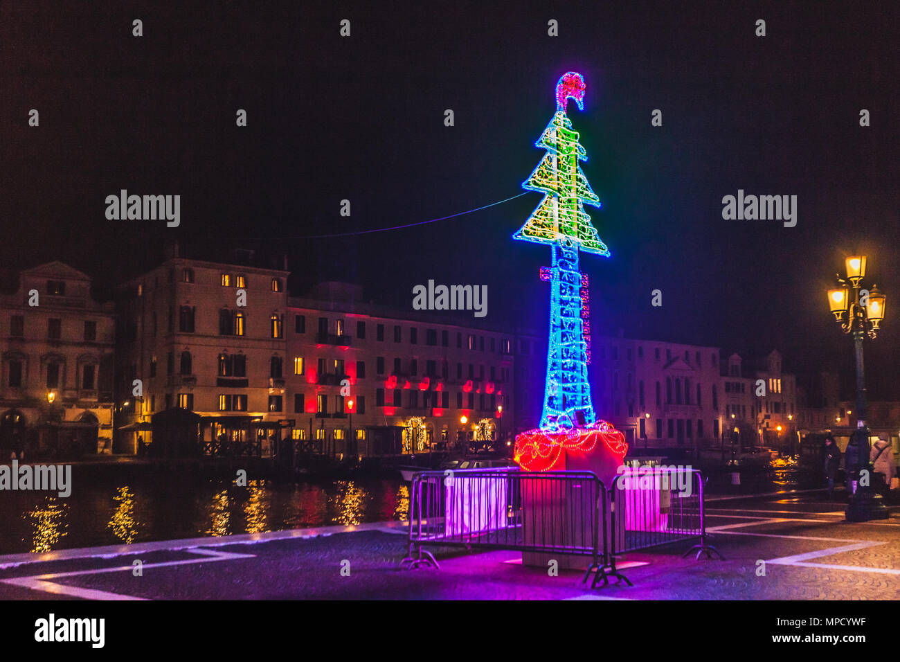VENICE, ITALY - JANUARY 02 2018: colorful christmas tree made of lights ...